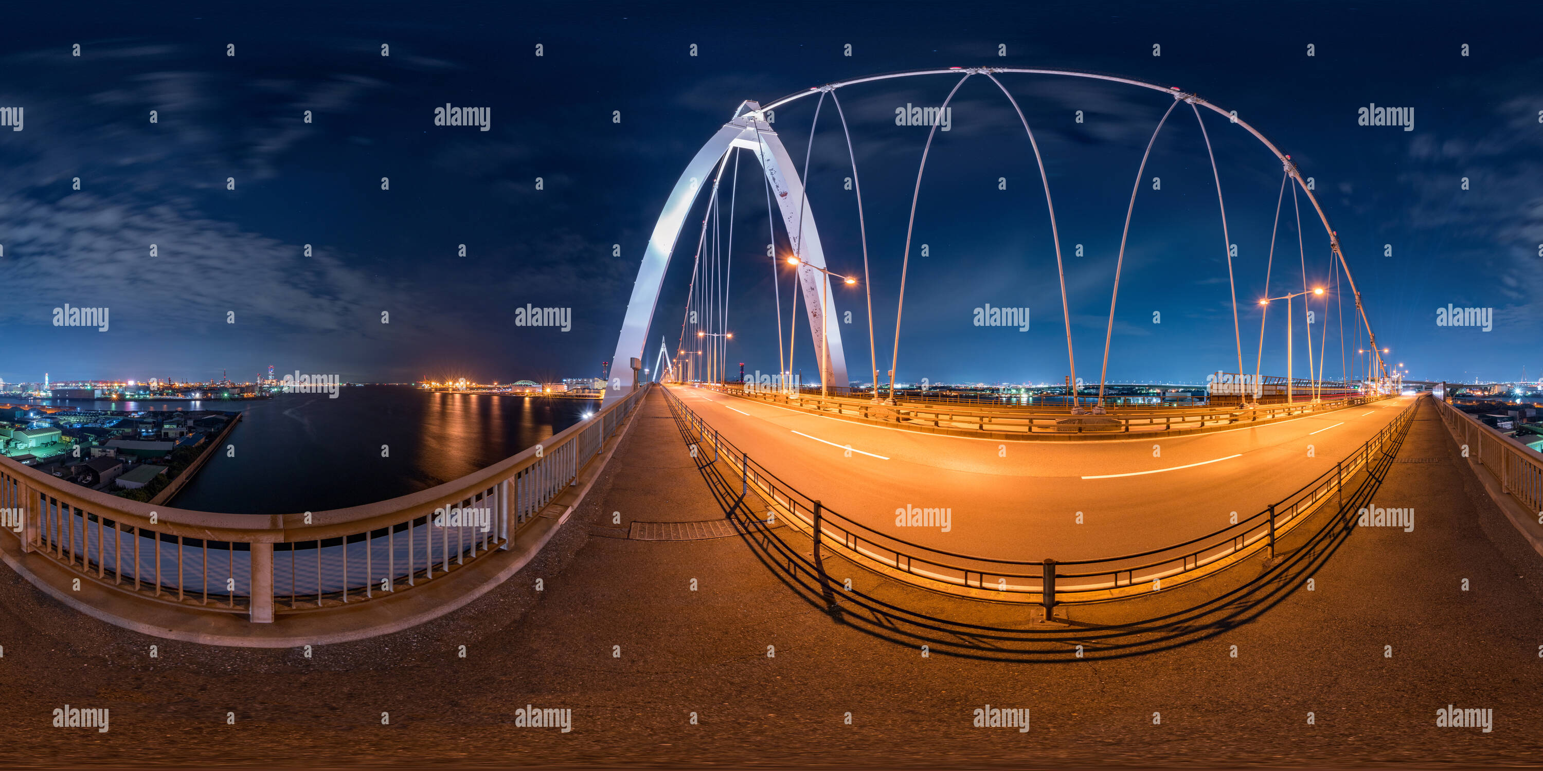 360° view of Night view of Osaka bay seen from Konohana Ohashi Bridge ...