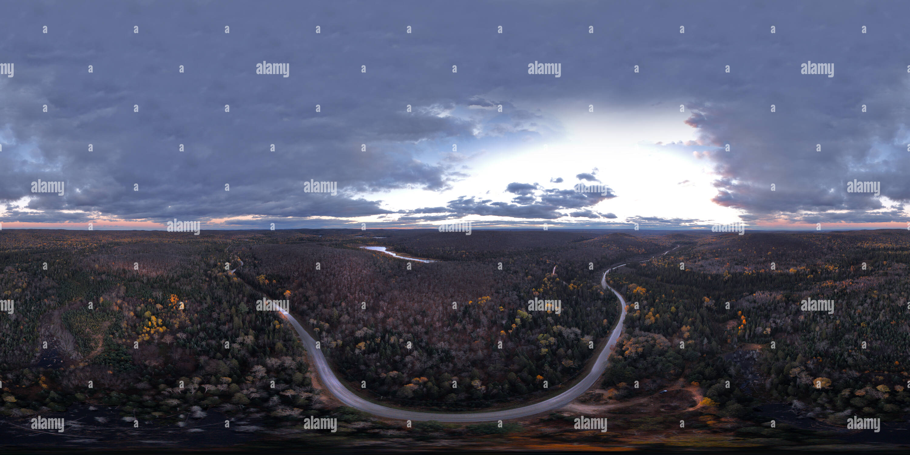 360° view of Back Roads Sun setting in North Ontario during late fall ...