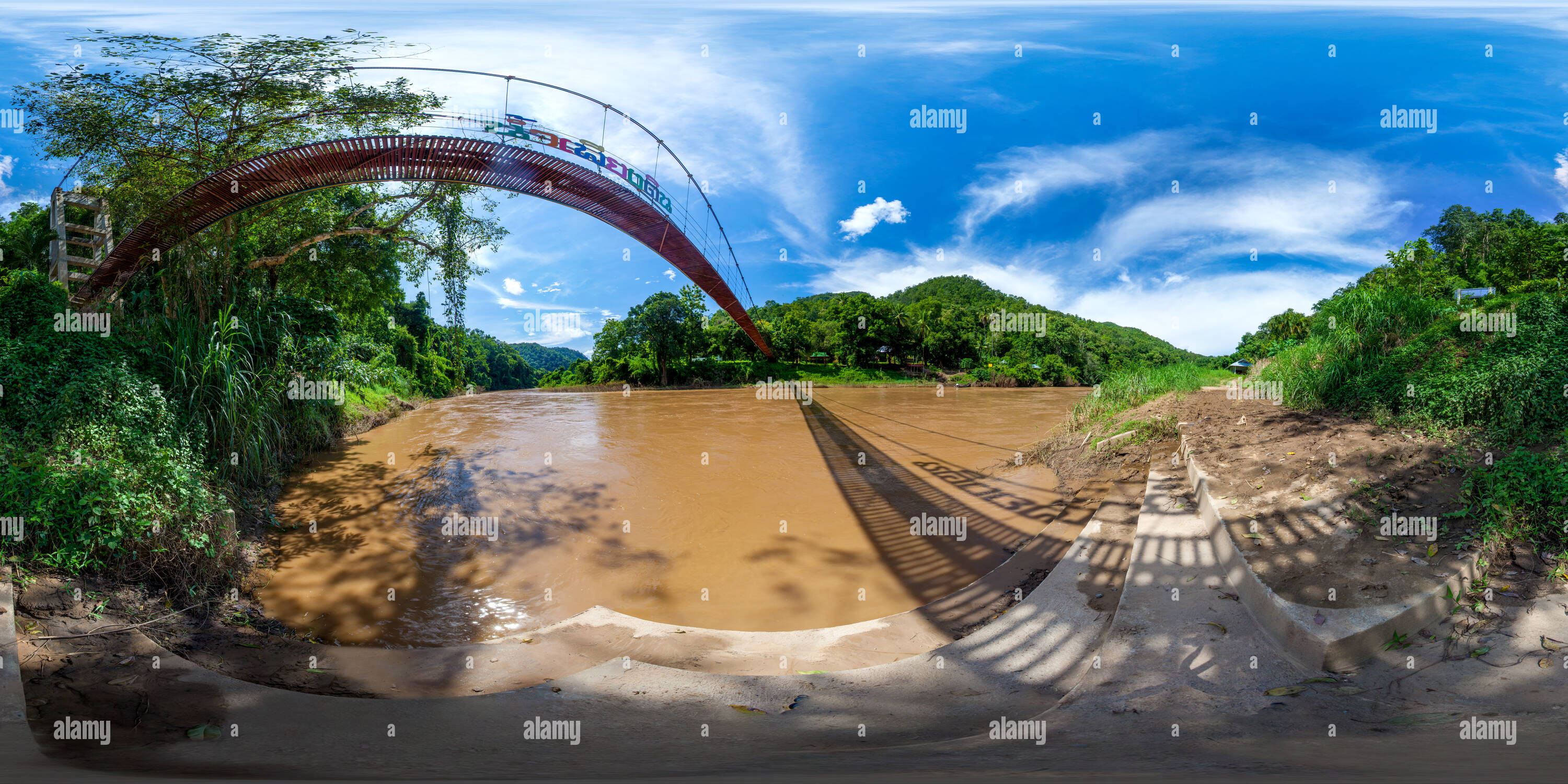 360° view of Suspension Bridge at Thai-Myanmar border at Ban Nam Piang ...