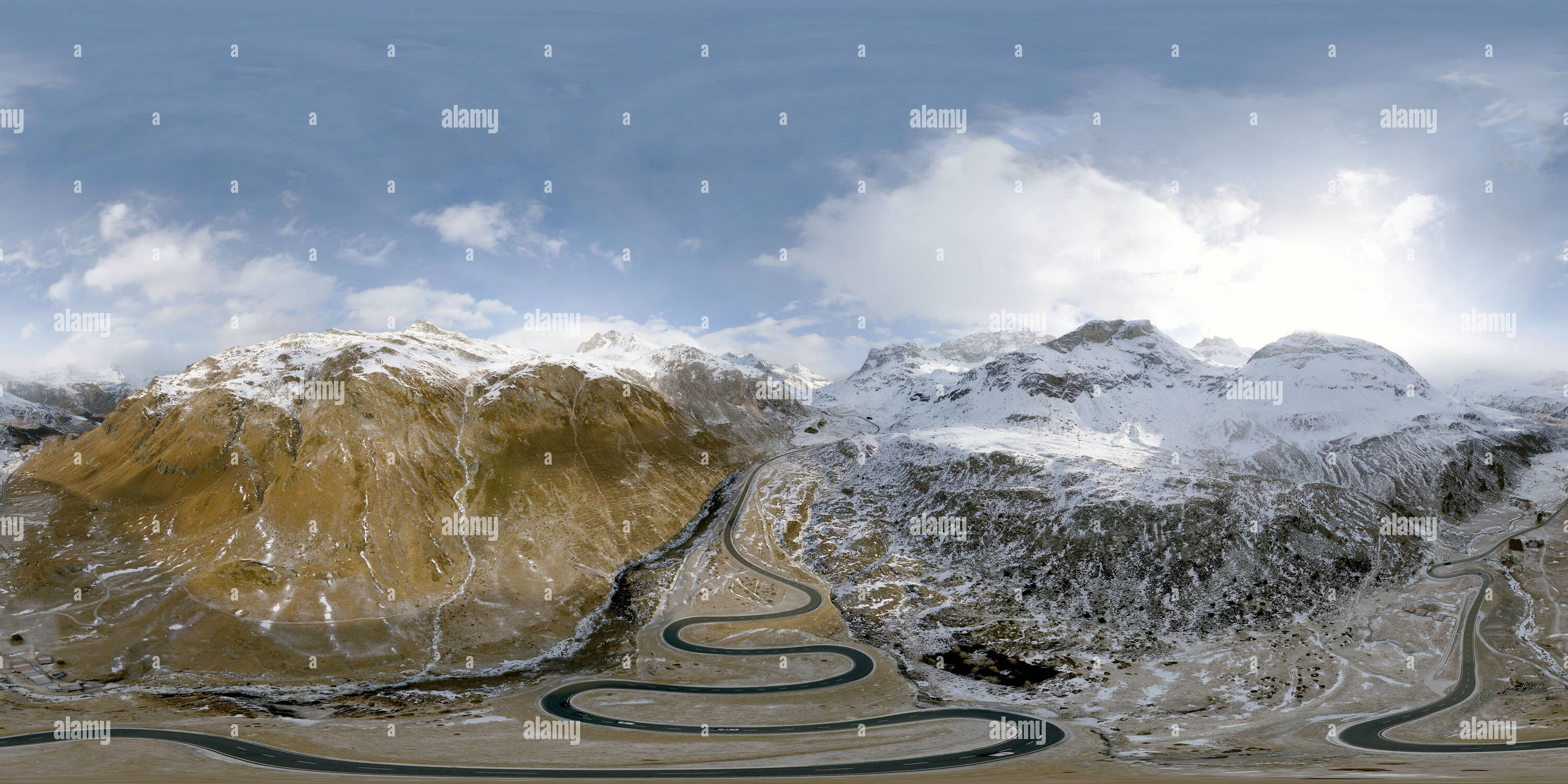 360° view of Julierpass, curved street over mount Julier in Switzerland ...