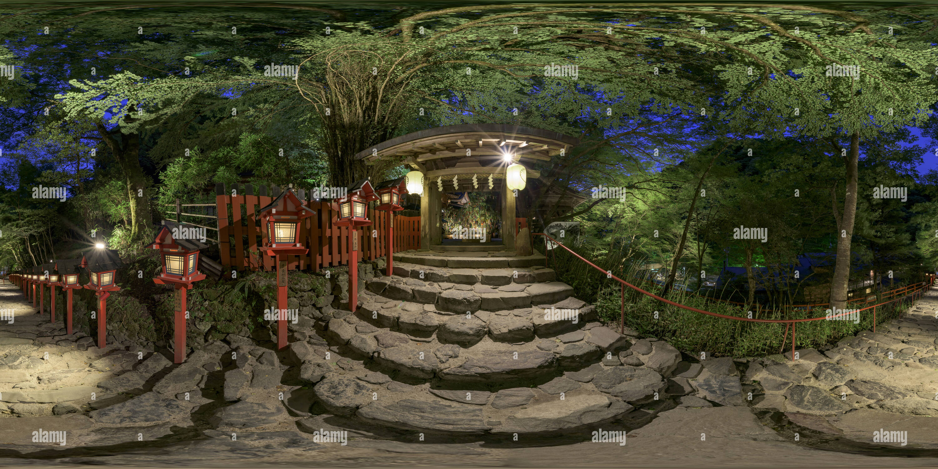 360° view of Kibune Shrine at night with lights on the lantern in Kyoto ...