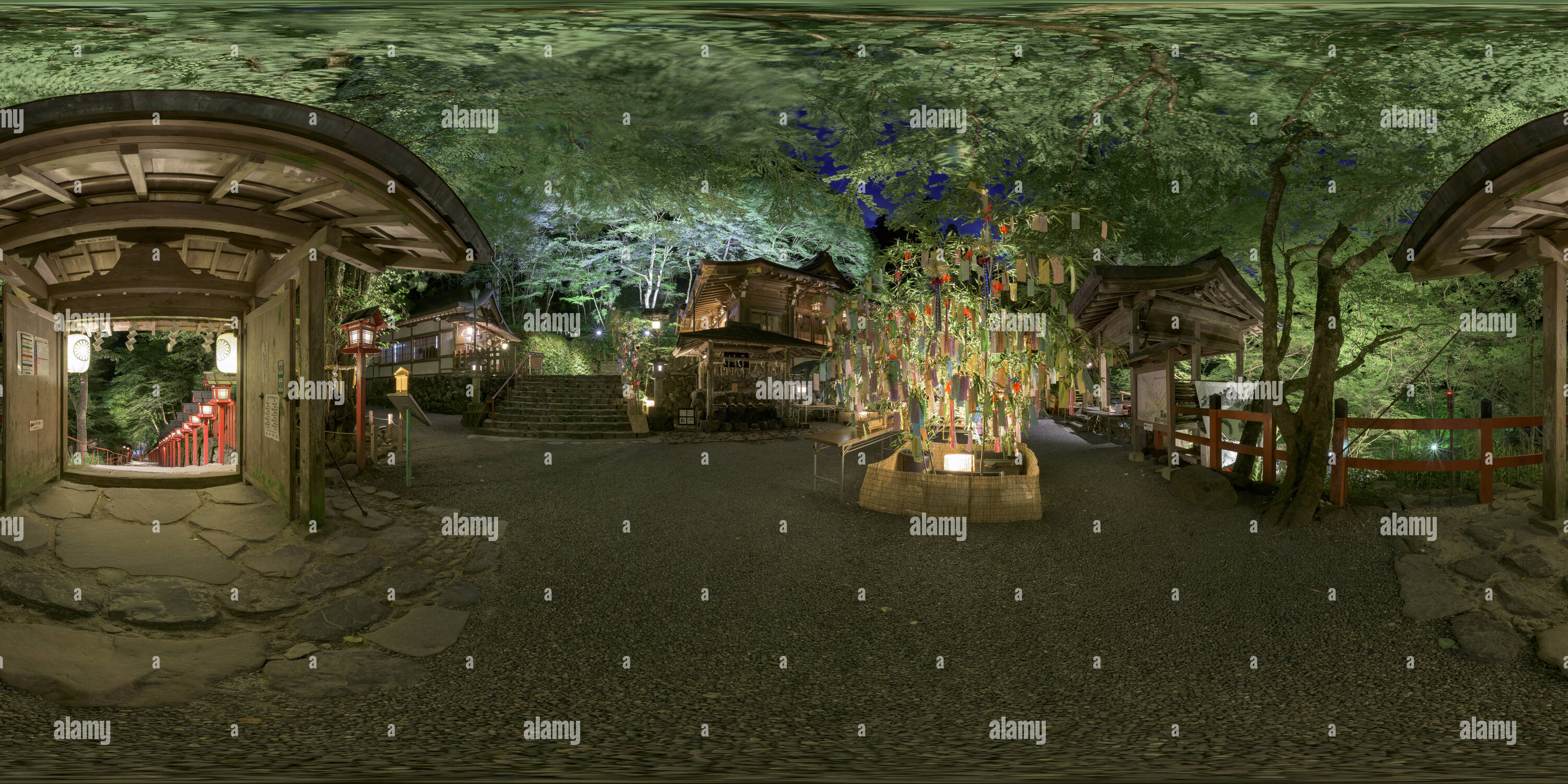 360° view of Kibune Shrine at night with lights on the lantern in Kyoto ...