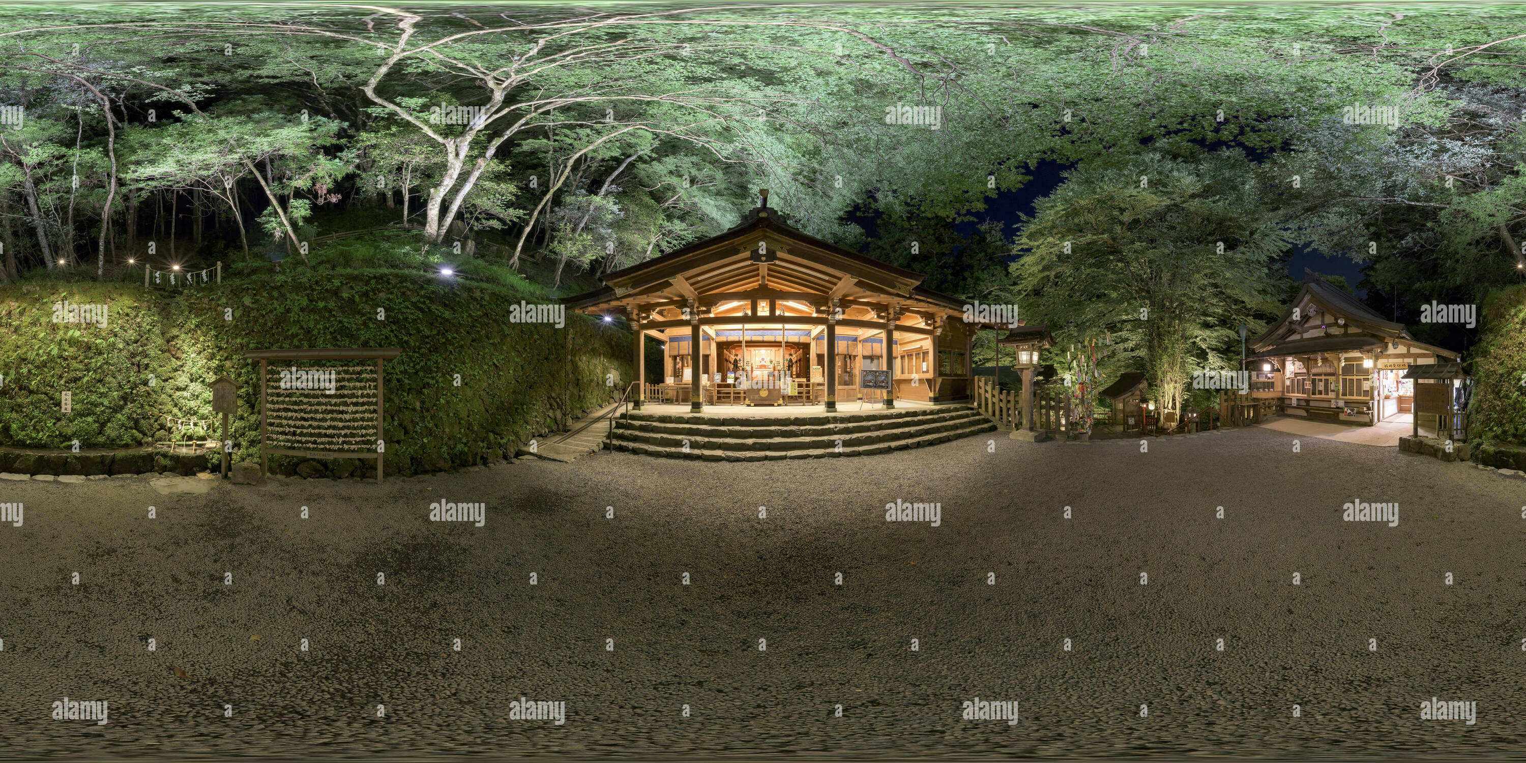 360° view of Kibune Shrine at night with lights on the lantern in Kyoto ...