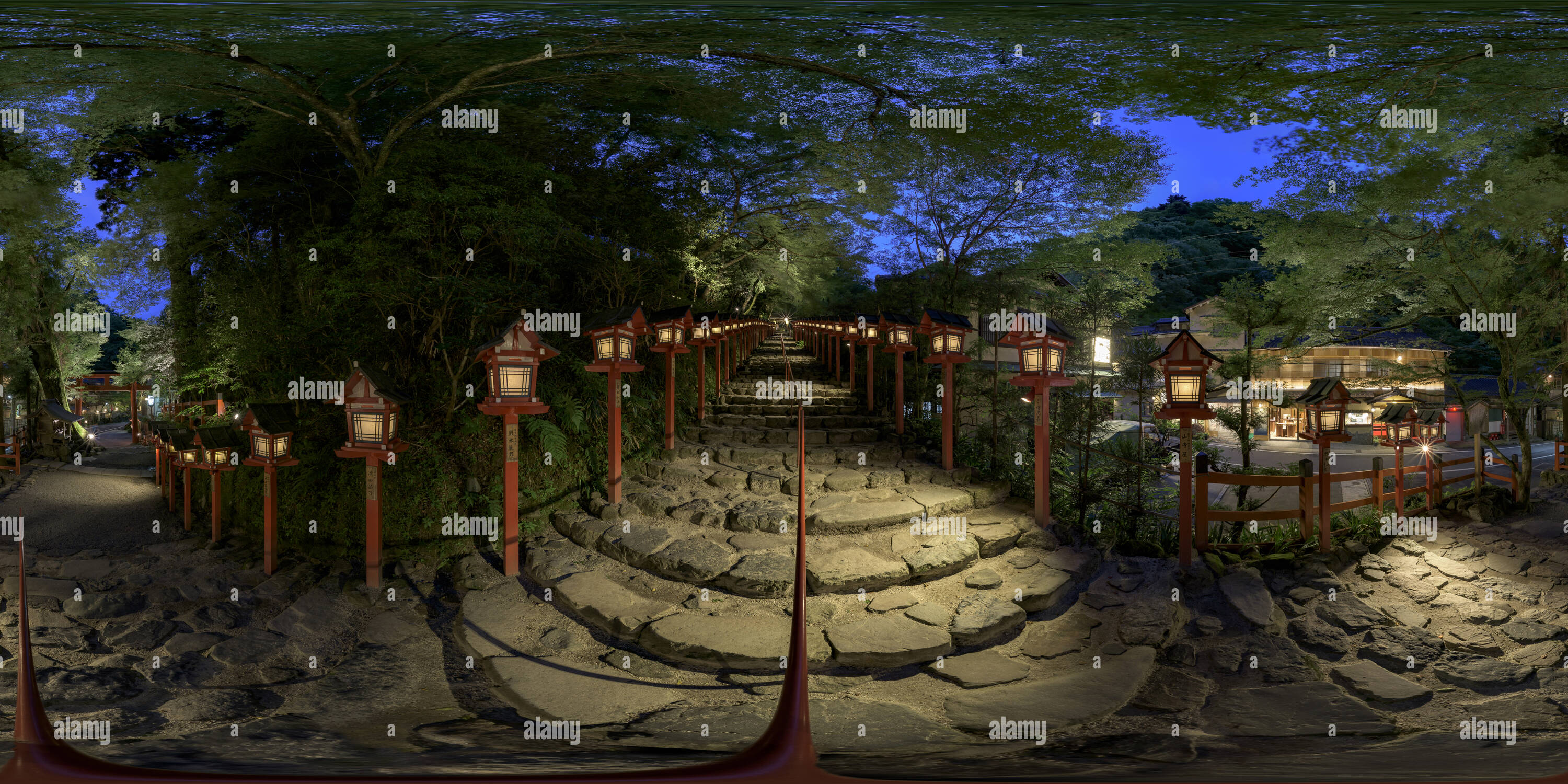360° view of Kibune Shrine at night with lights on the lantern in Kyoto ...