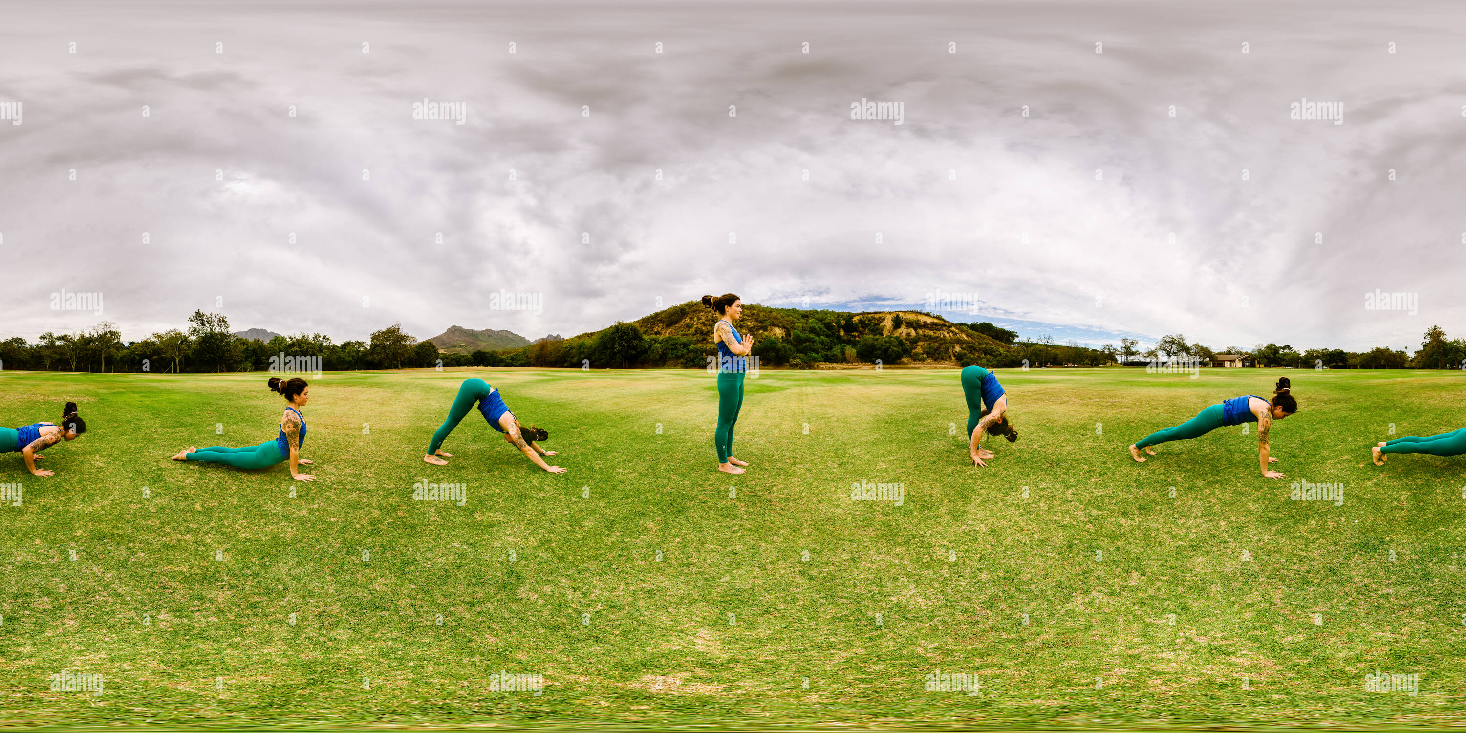 360° view of Victoria performing Sun Salutation at Coetzenburg - Alamy