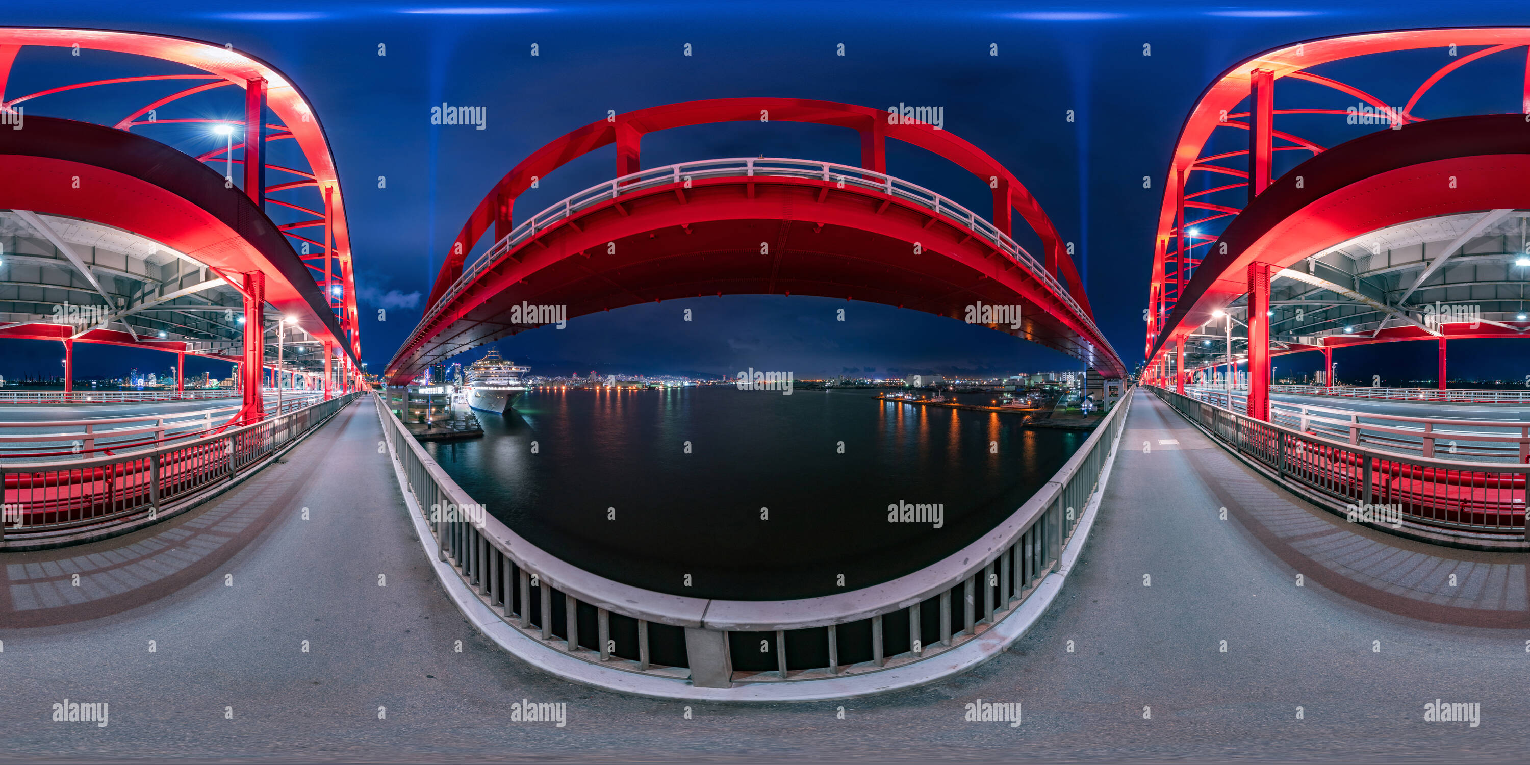 360° view of Night view of Kobe Port and Kobe Bridge where large ...