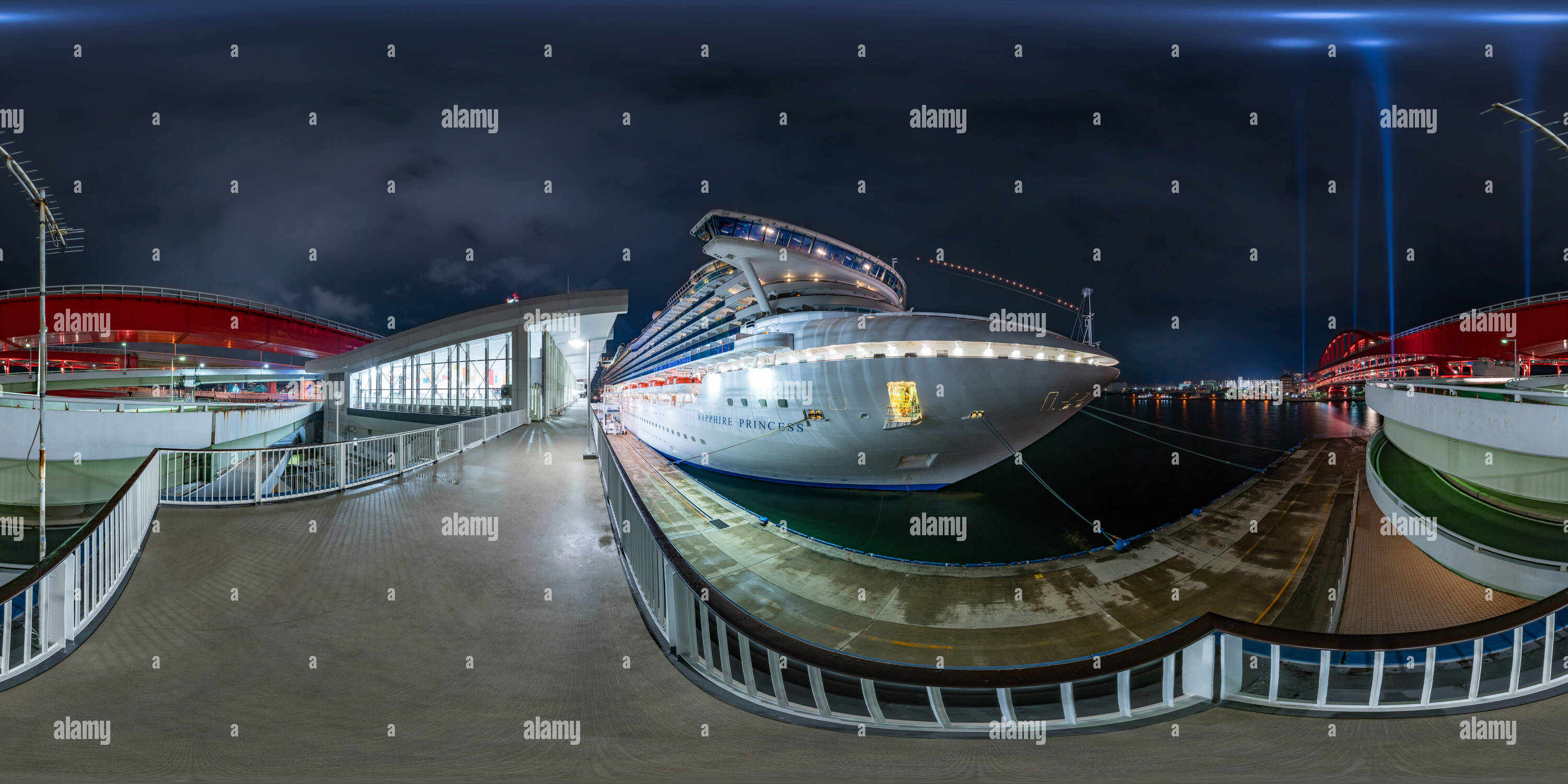 360° view of Night view of Kobe Port and Kobe Bridge where large ...