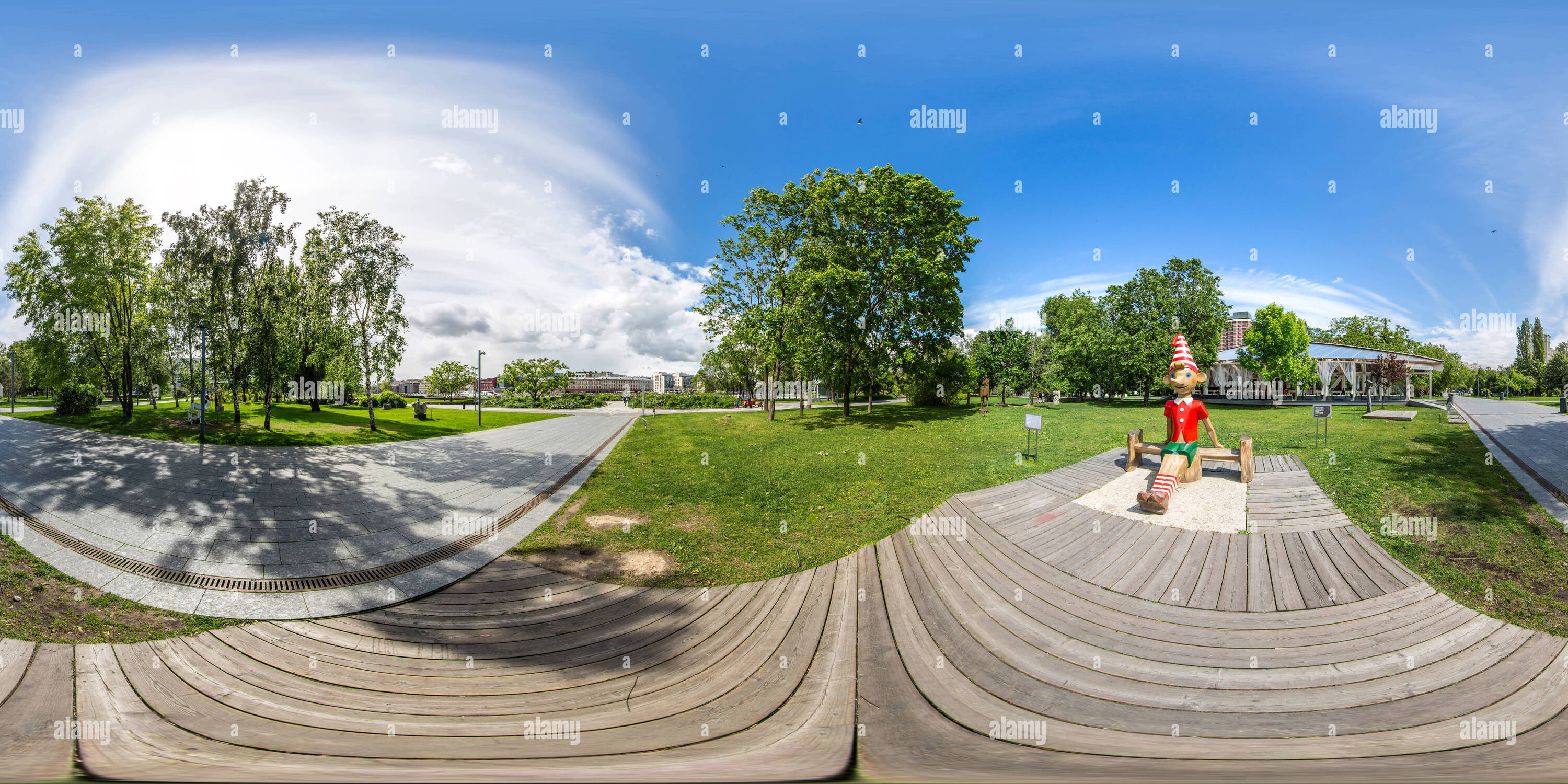 360° view of Wooden sculpture of Buratino in the Muzeon Park in Moscow ...