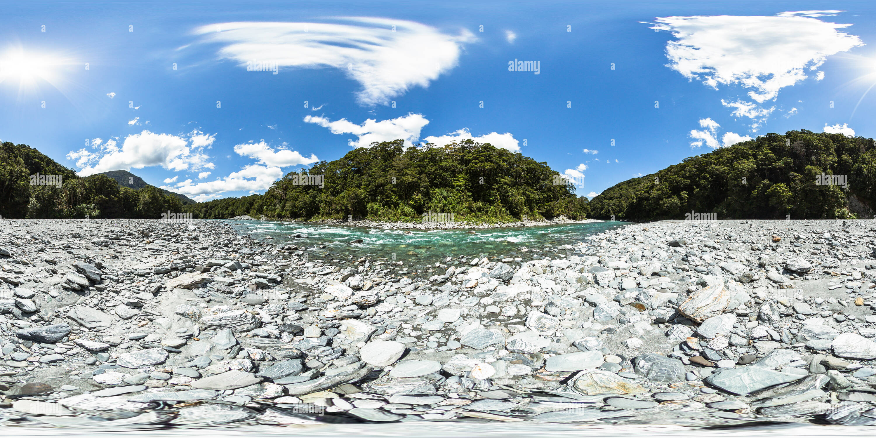 360° view of Makarora River - Mount Aspiring National Park - Westland ...