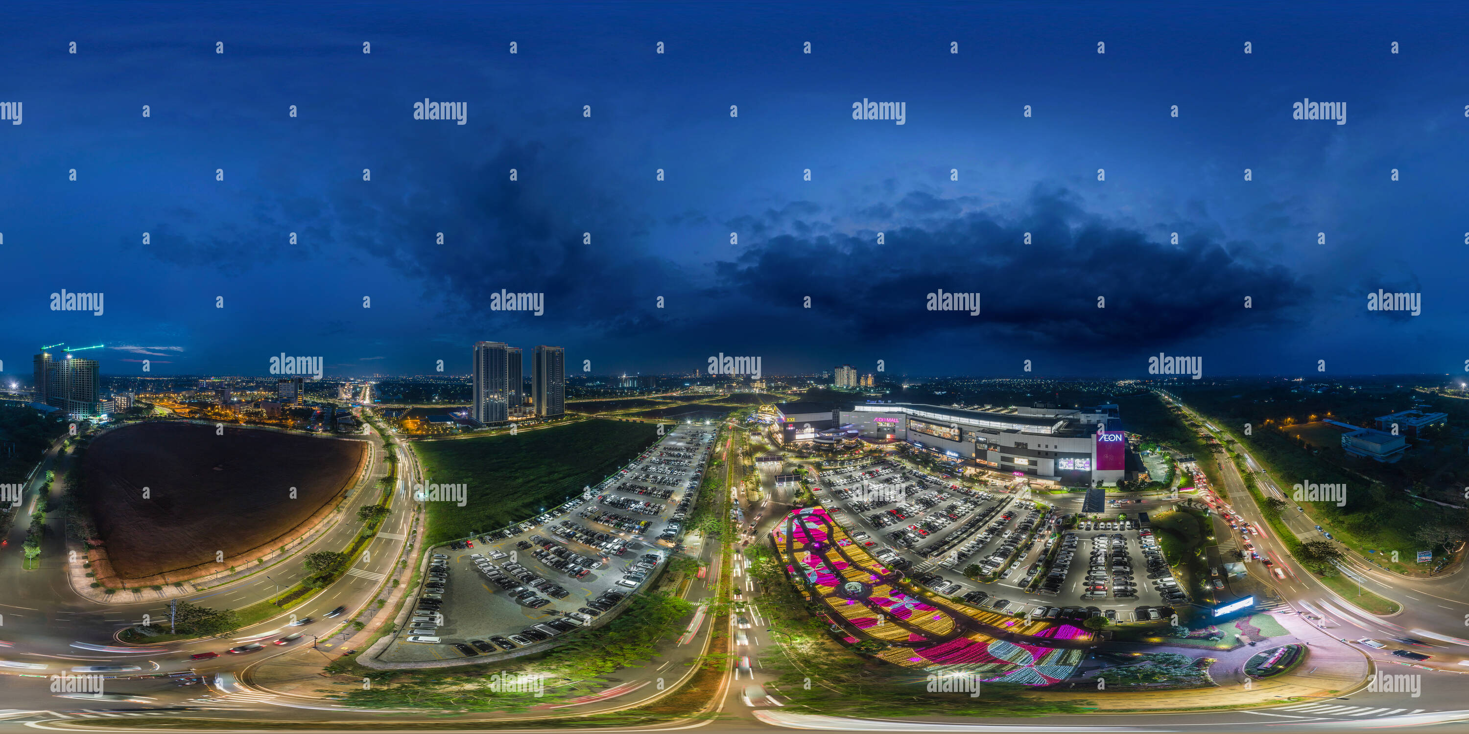 360° view of Evening with lights of Sakura above AEON Mall, BSD City ...