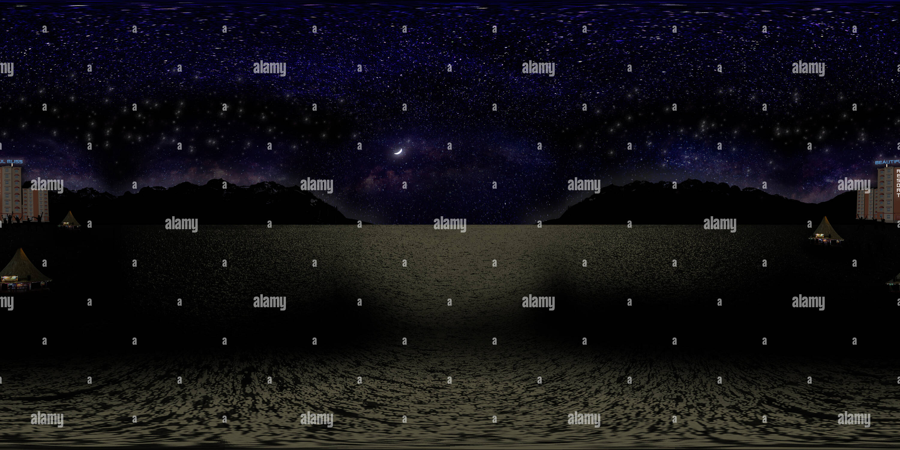 360° view of starry night on a beach with tiki bar - Alamy