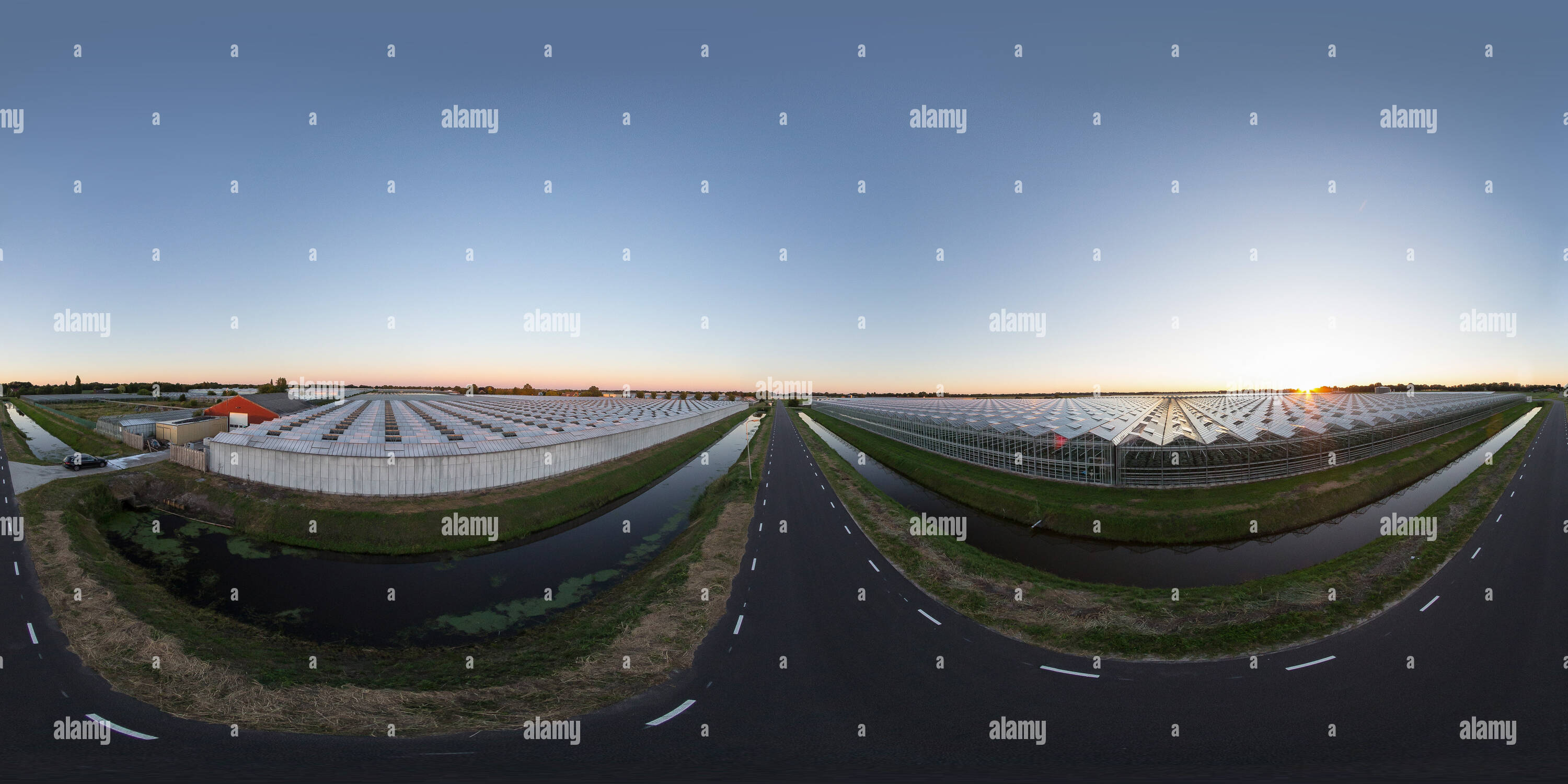 360° view of greenhouses Erica sunset - Alamy
