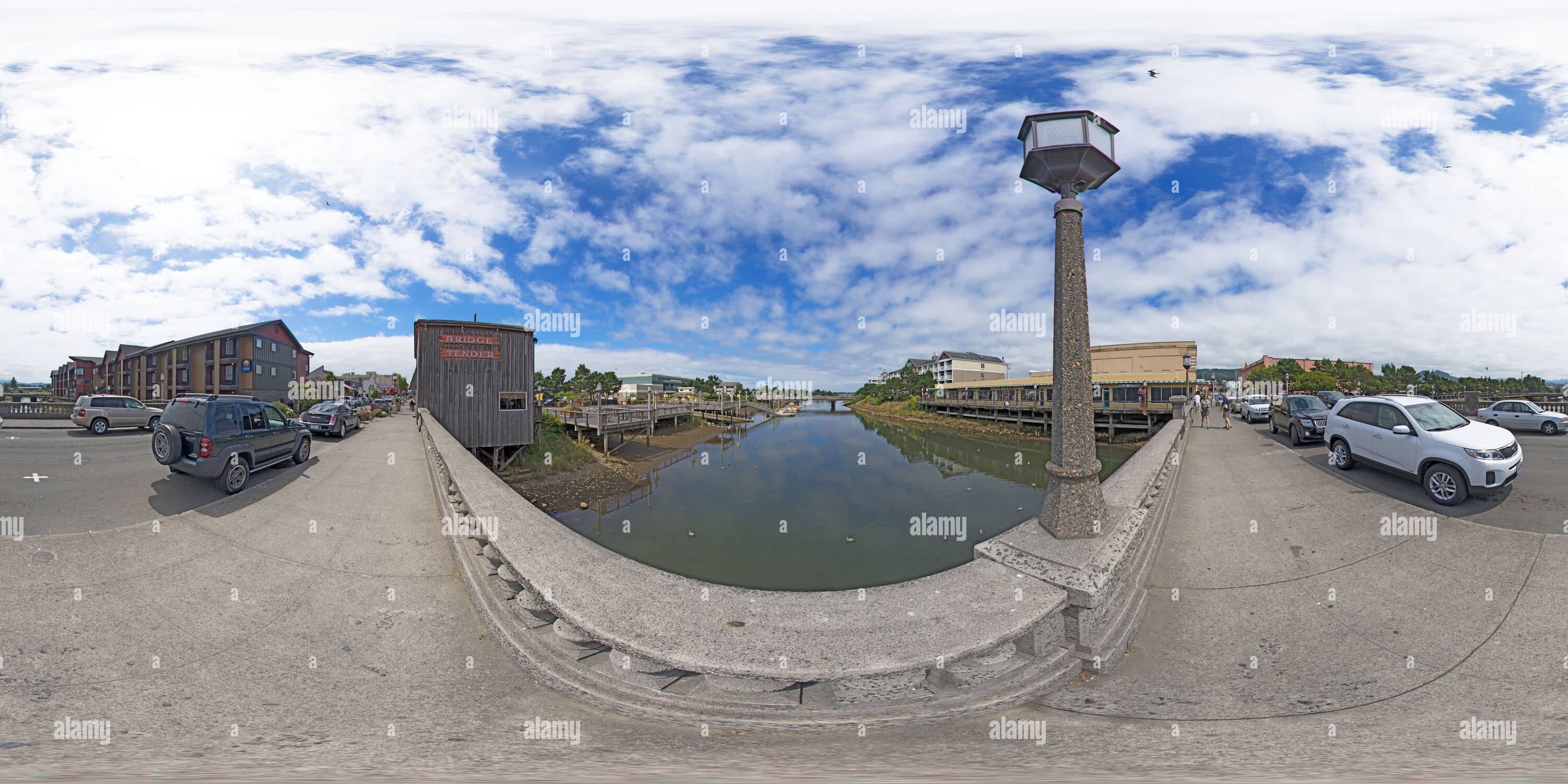 360° view of Broadway Bridge over the Necanicum River that runs behind ...