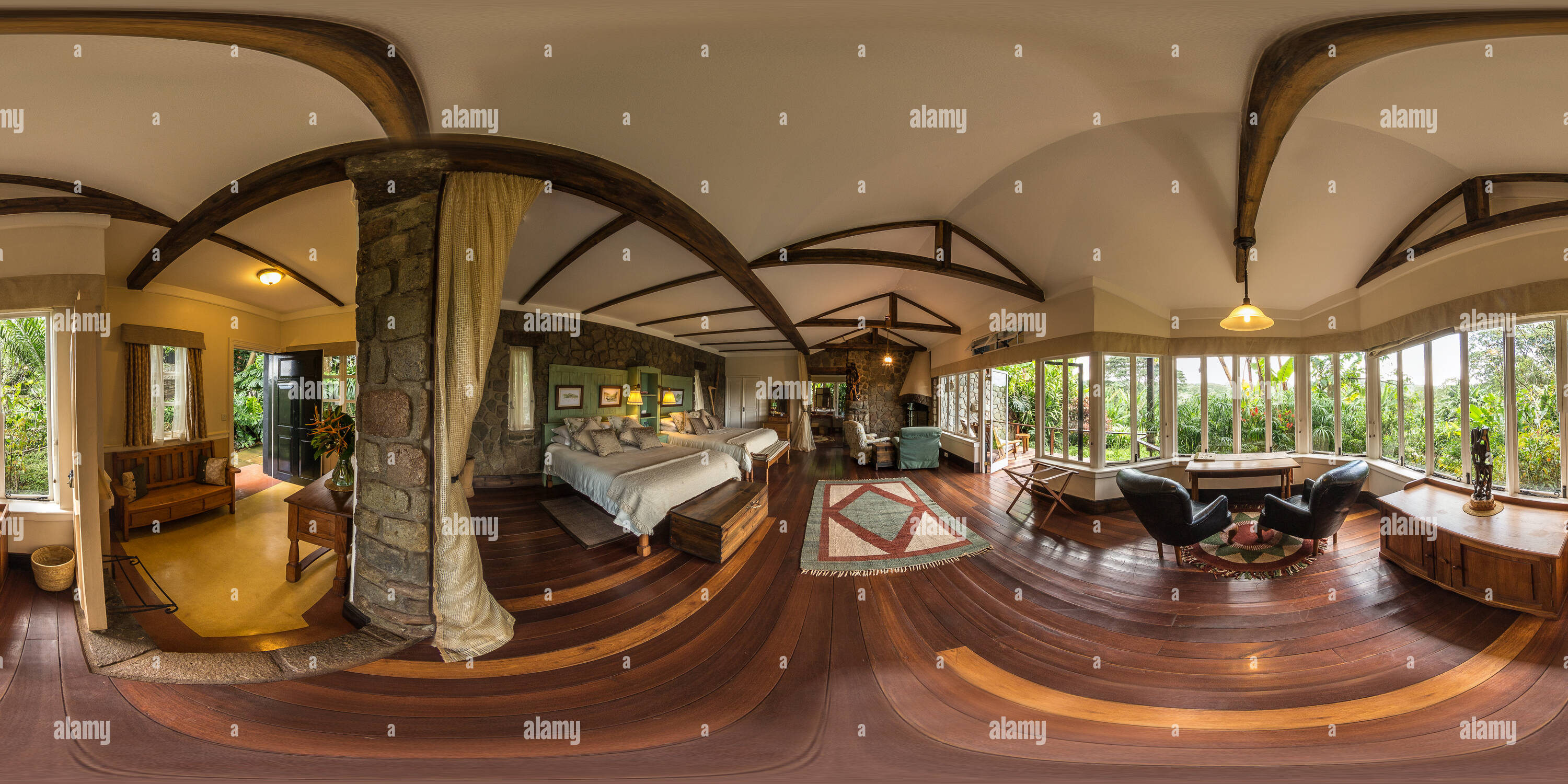 360° view of Bedroom interior at Gibbs Farm in Karatu, Tanzania - Alamy