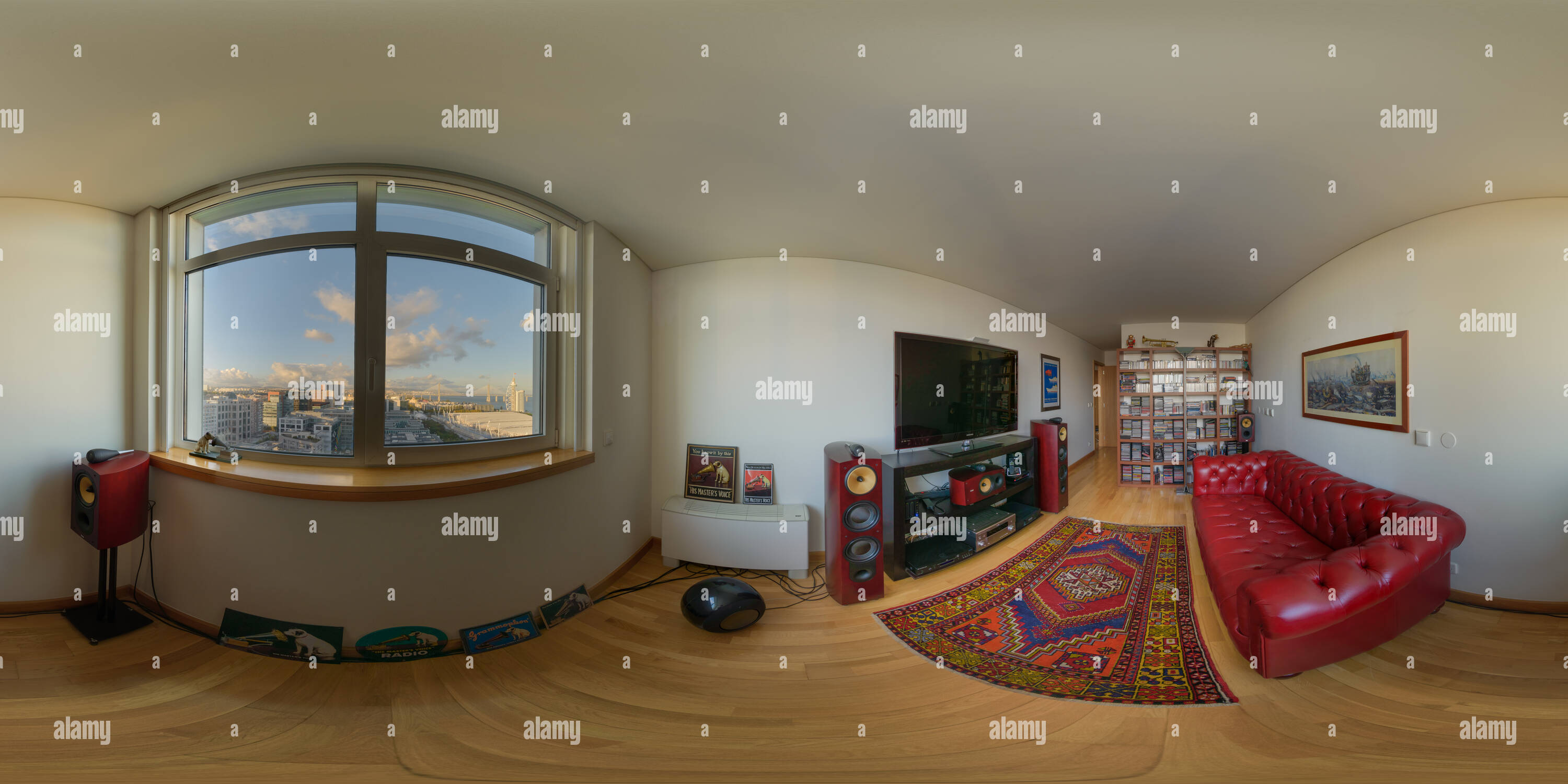 360° view of Living room in Lisbon apartment with view over modern ...