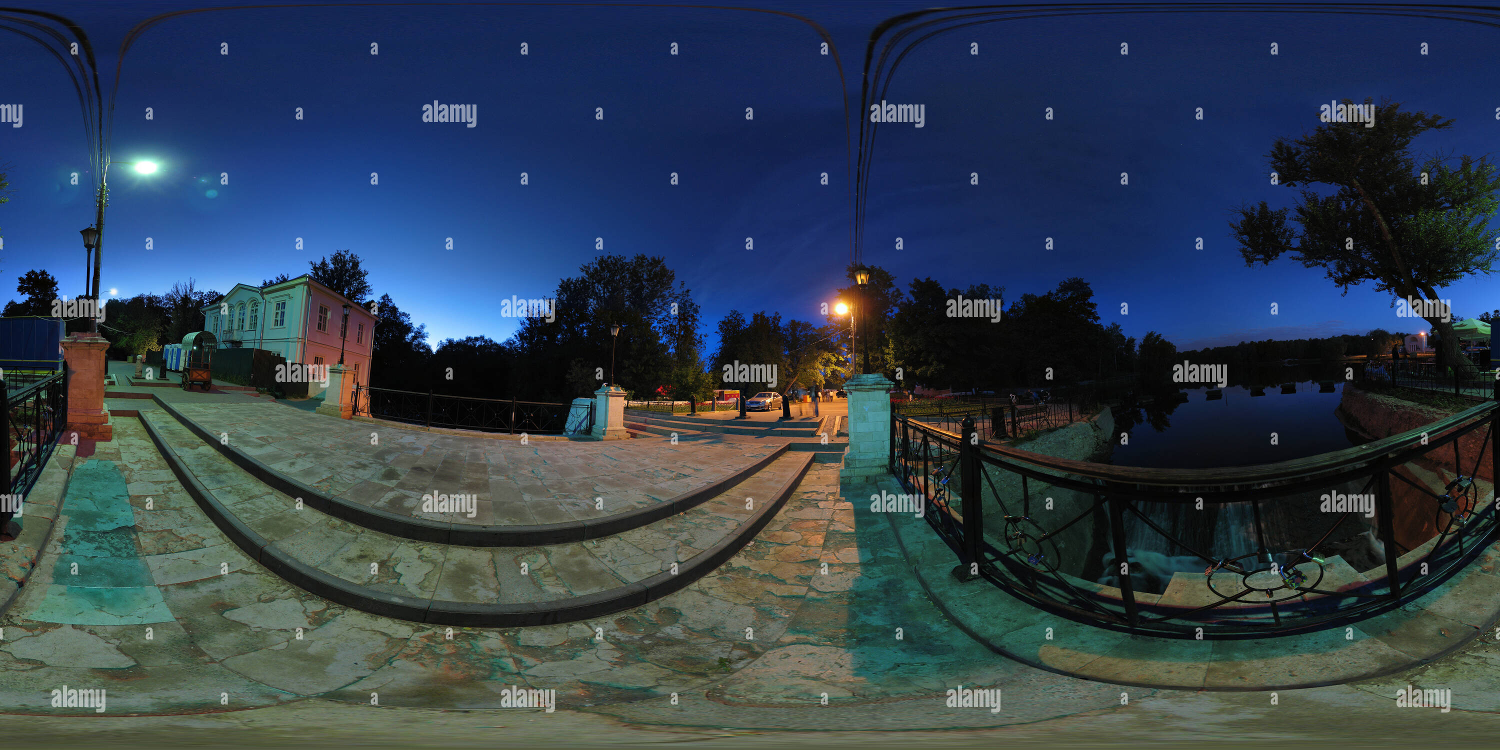 360° view of House on the dam or mill lodge by night. Manor Kuzminki ...