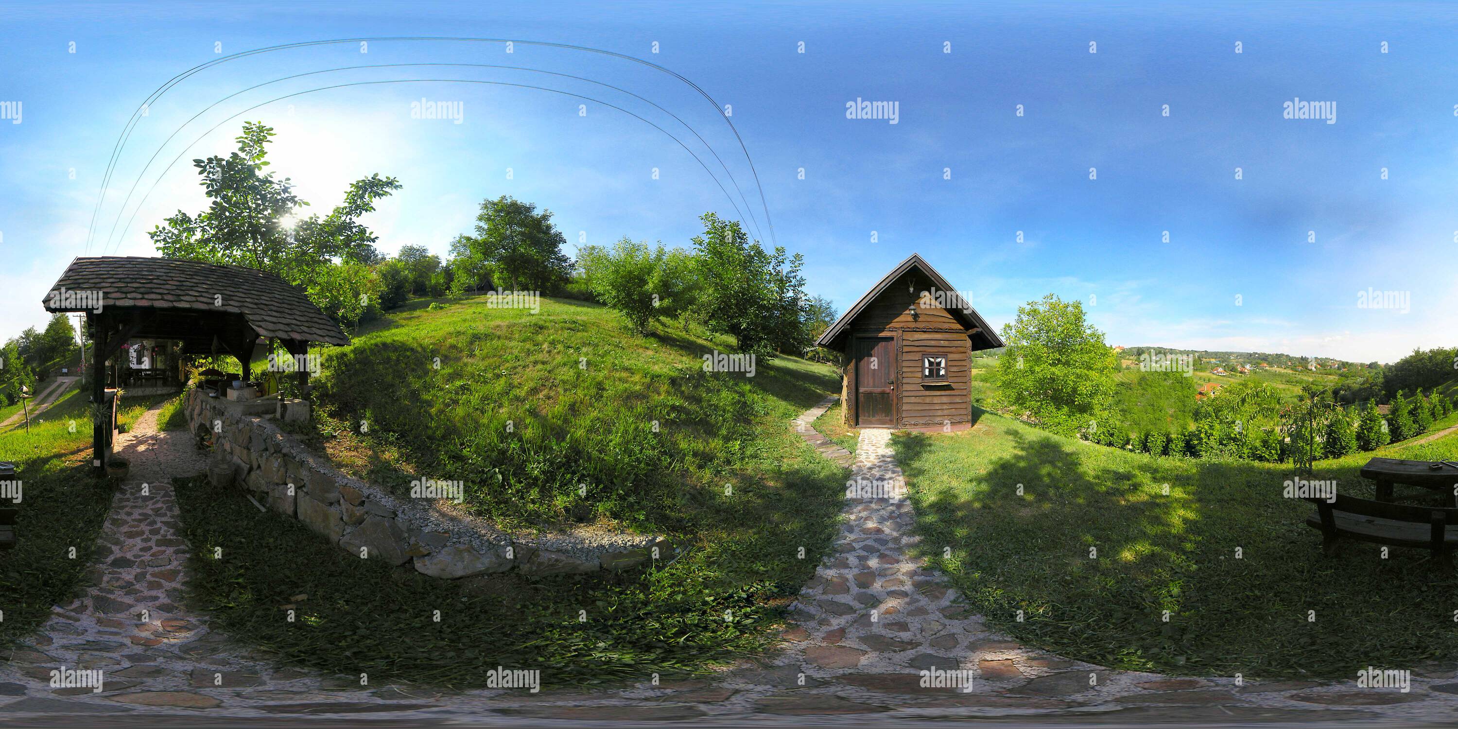 360° view of Small log cabin - Ranch Platan - Alamy