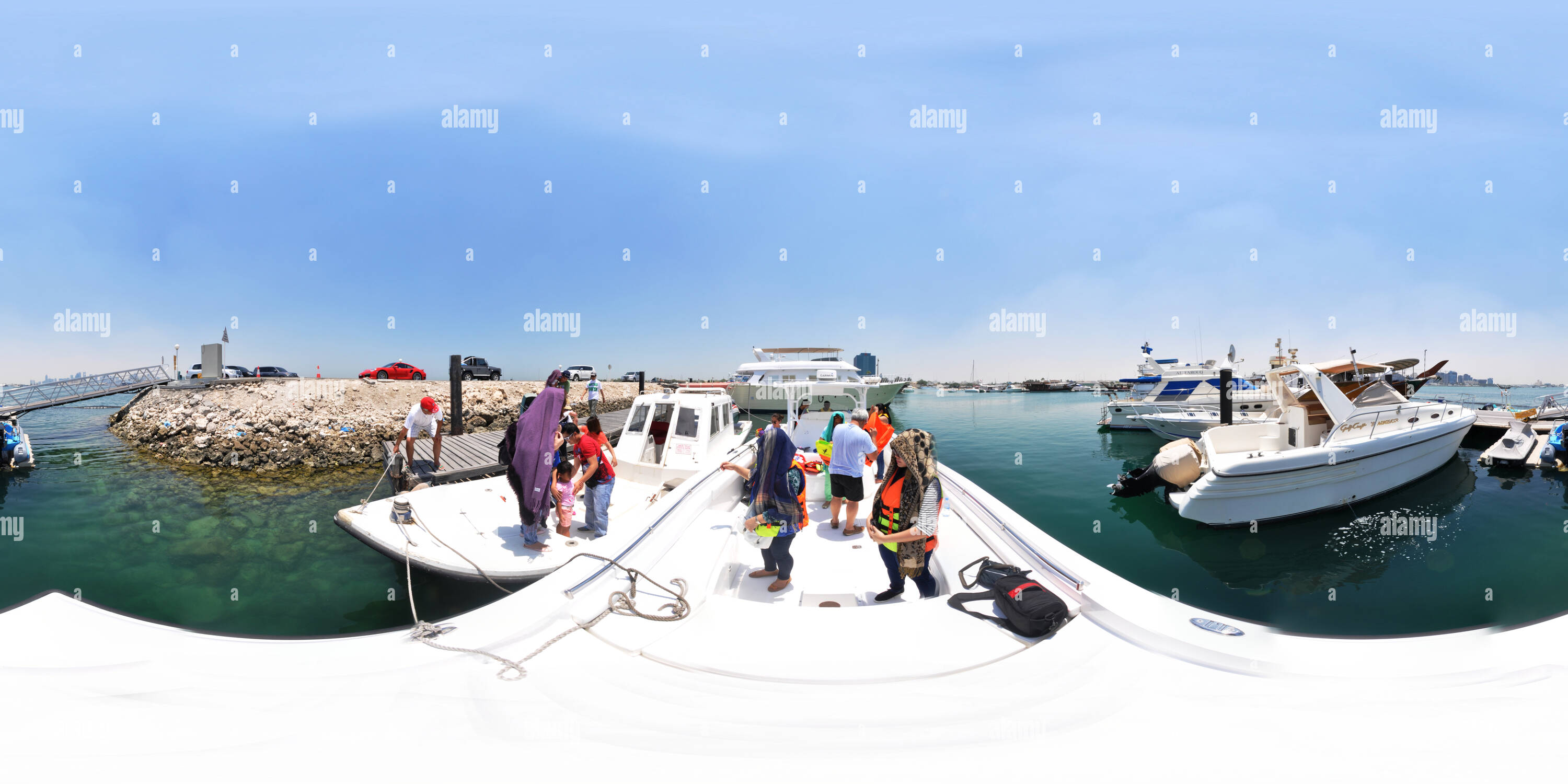 360° view of Boarding the launch for sailing - Alamy