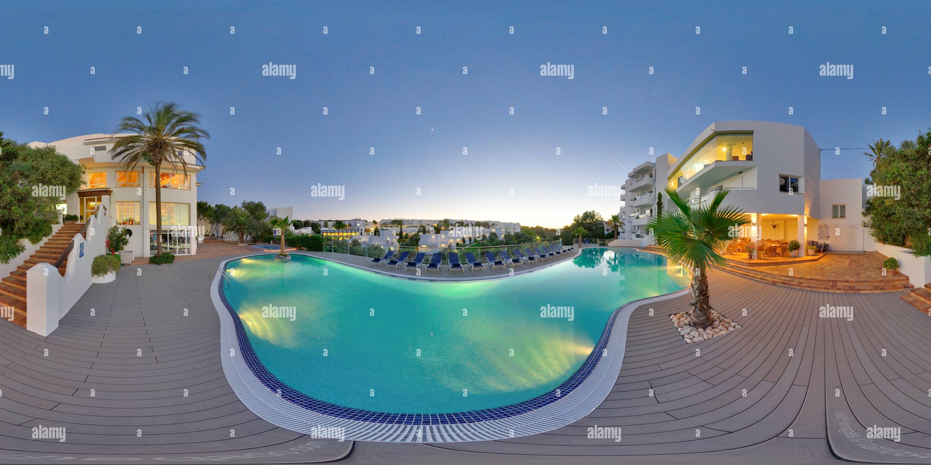 360° view of Ferrera Beach Apartments Mallorca Swimming Pool at Sunset ...