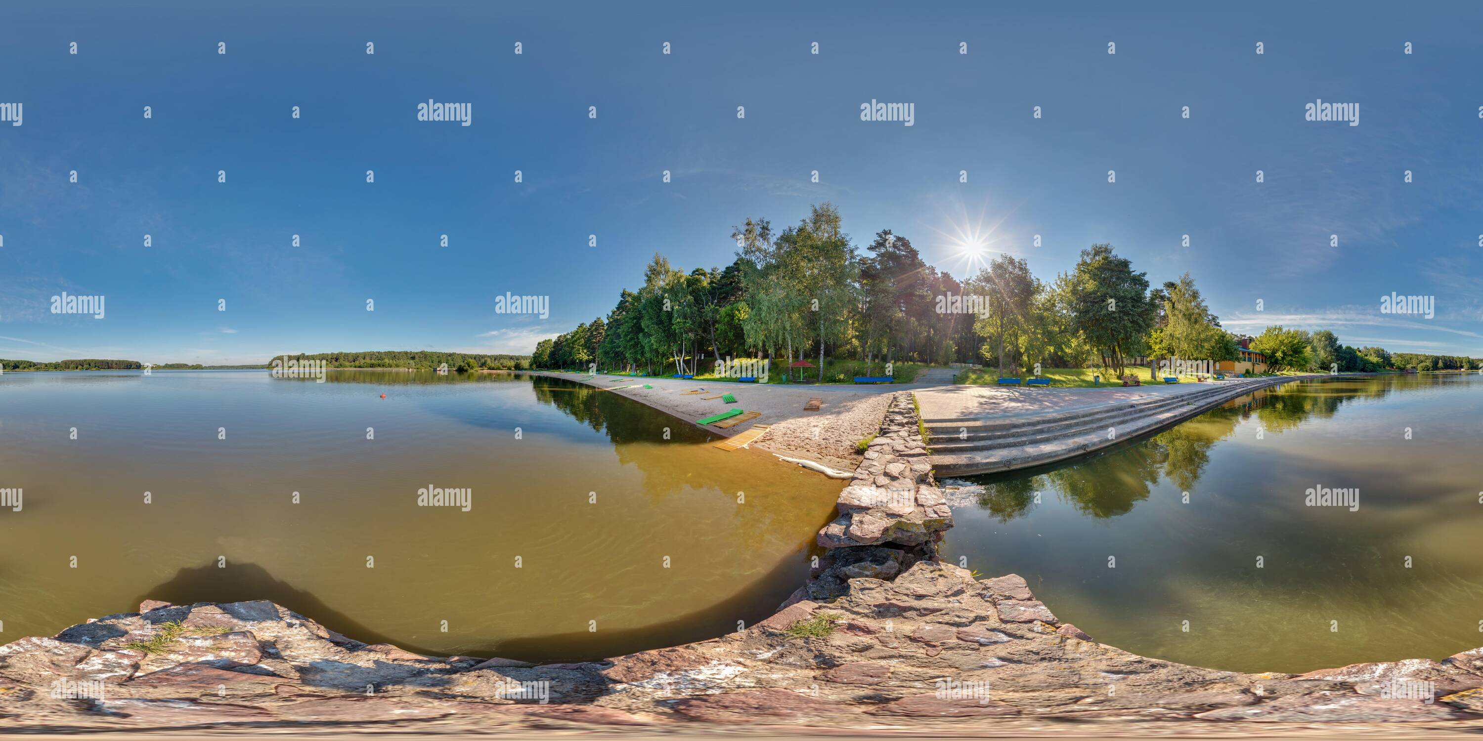360° view of Full 360 equirectangular spherical panorama of the lake in ...