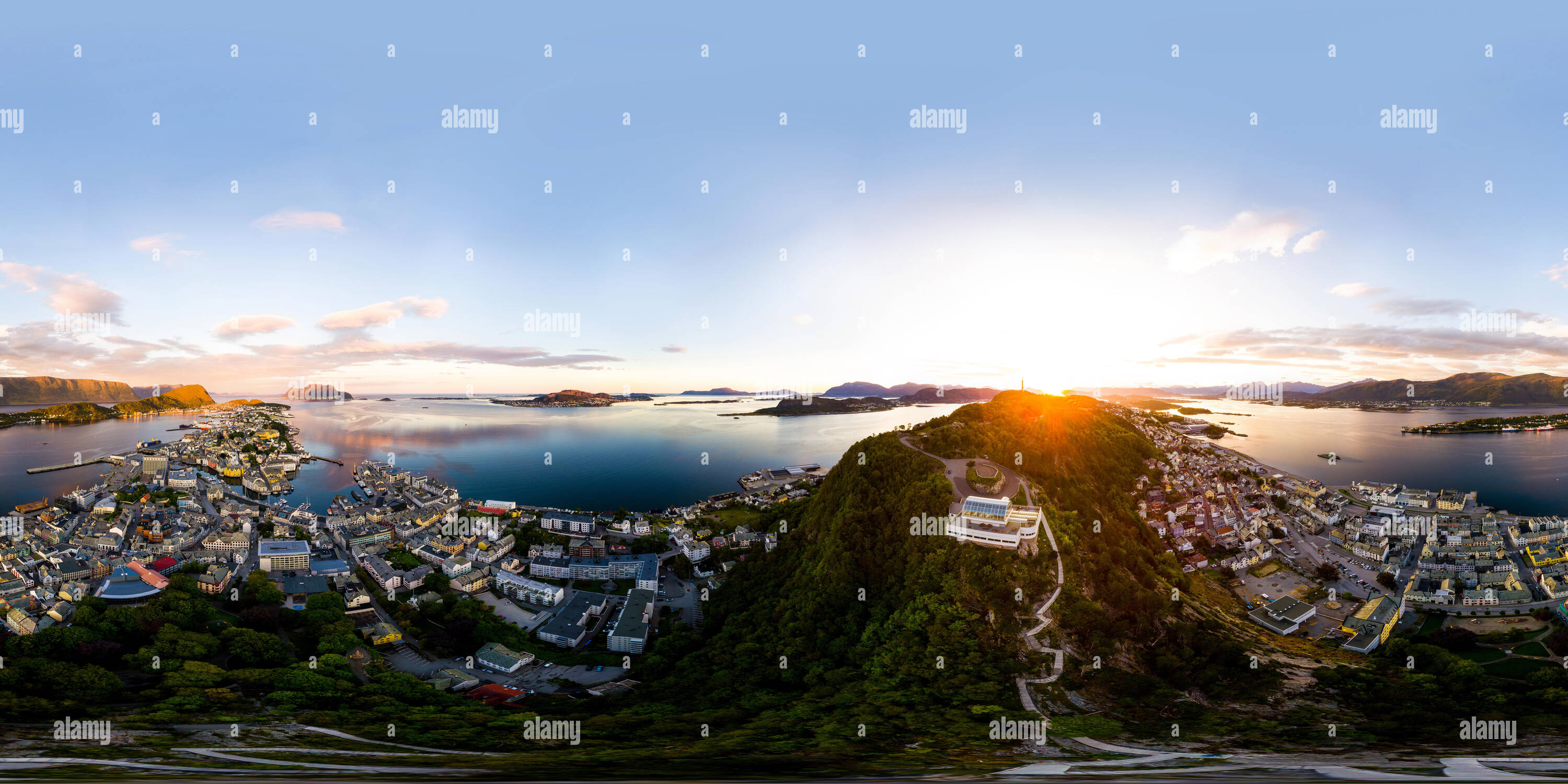 360° view of Alesund, Norway. Aerial view of Alesund, Norway at sunrise ...