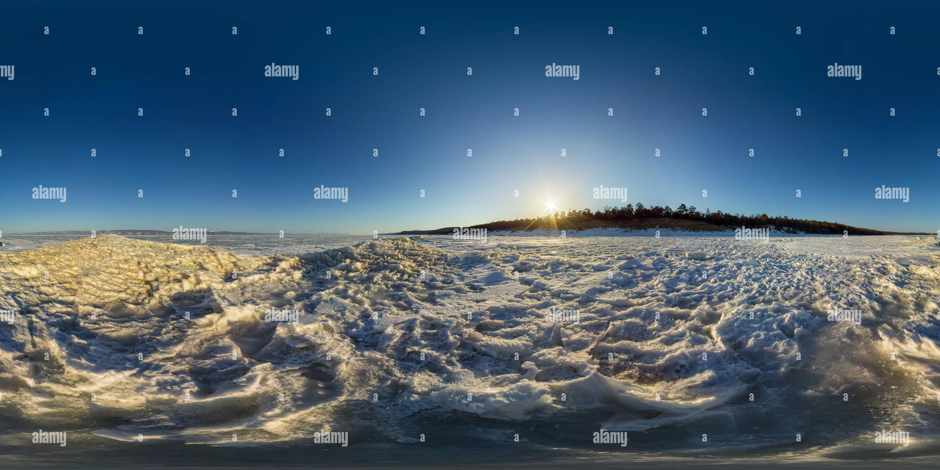360° view of Dawn on a sandy beach on the island of Olkhon. Spherical ...