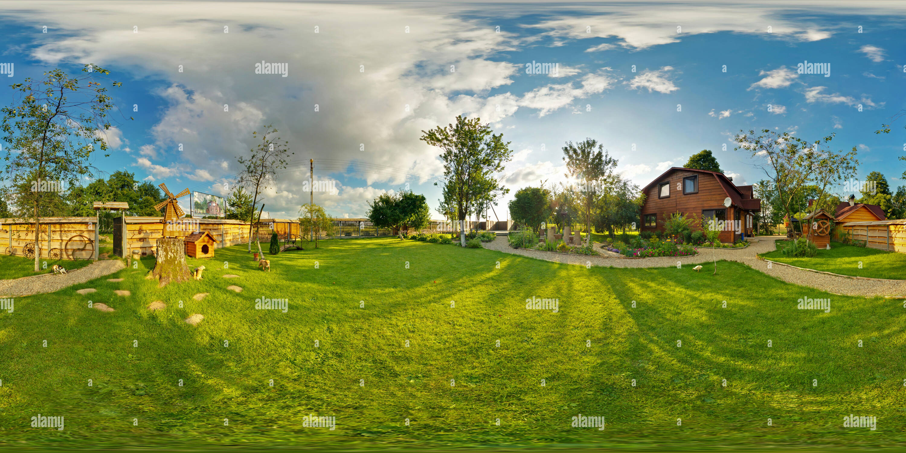360° view of panorama outside vacation wooden village home in sunny ...