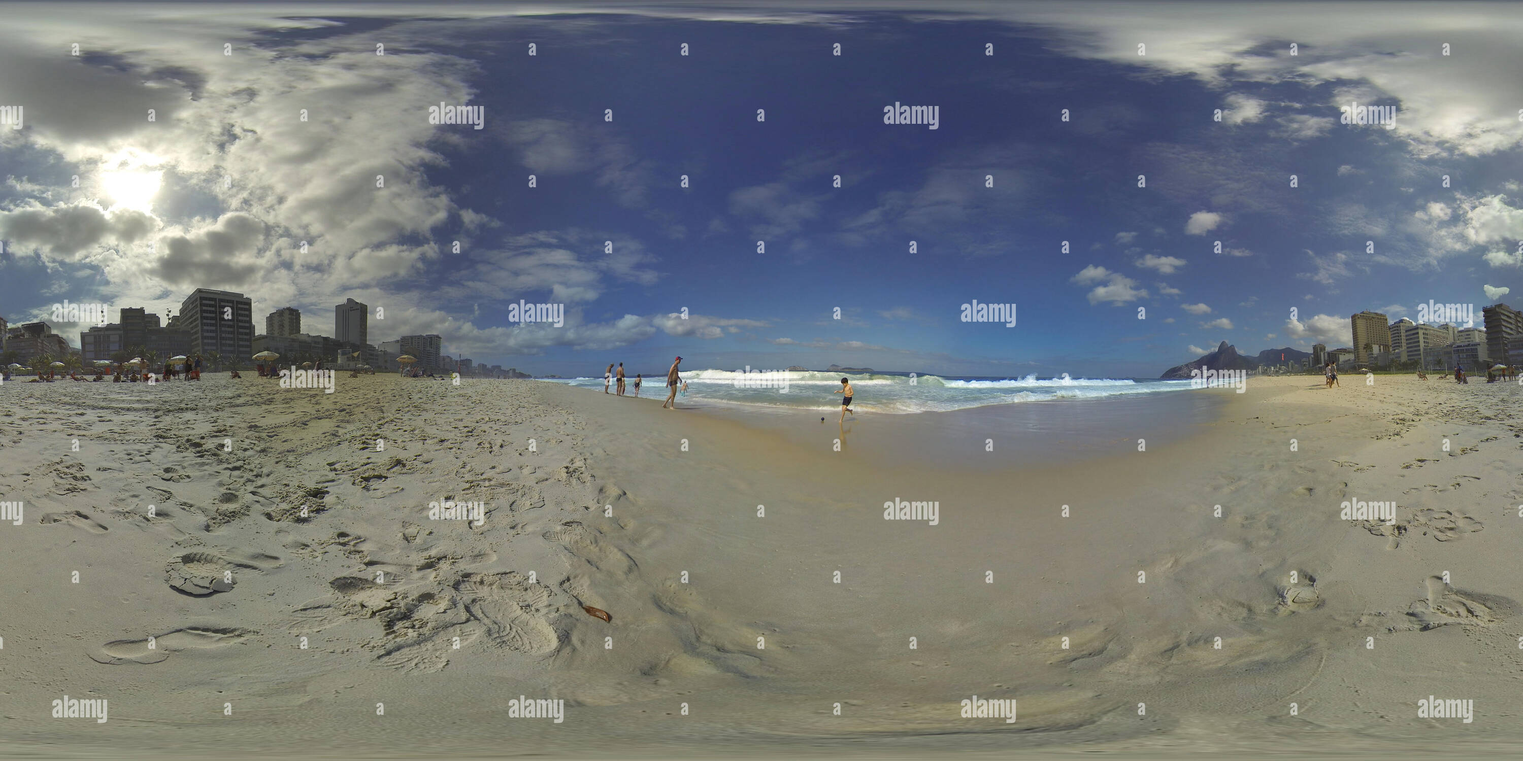 360° view of Rio de Janeiro, Brazil: People enjoy sand on Ipanema Beach ...