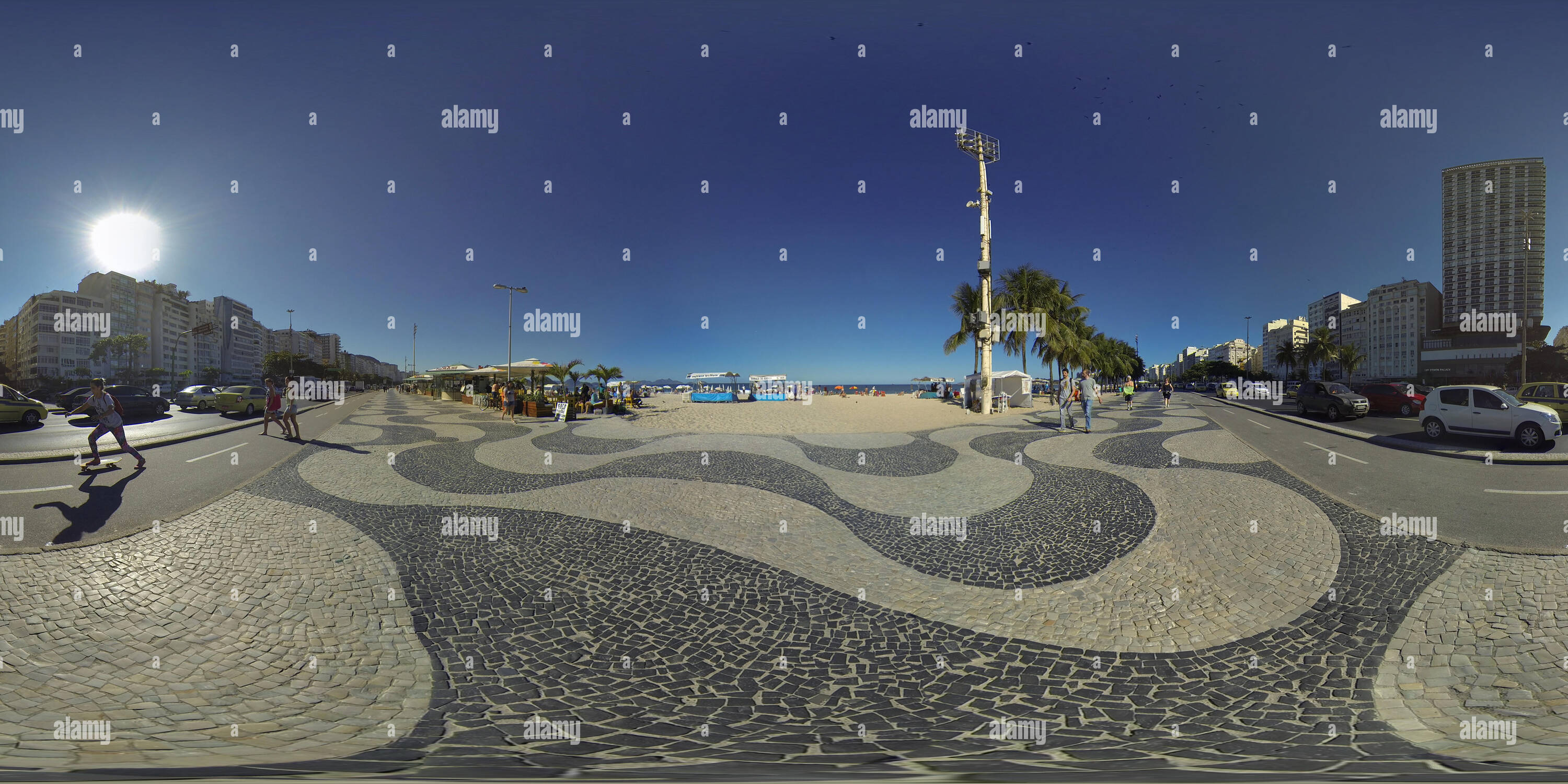 360° view of Rio de Janeiro, Brazil: People enjoy sand on Ipanema Beach ...