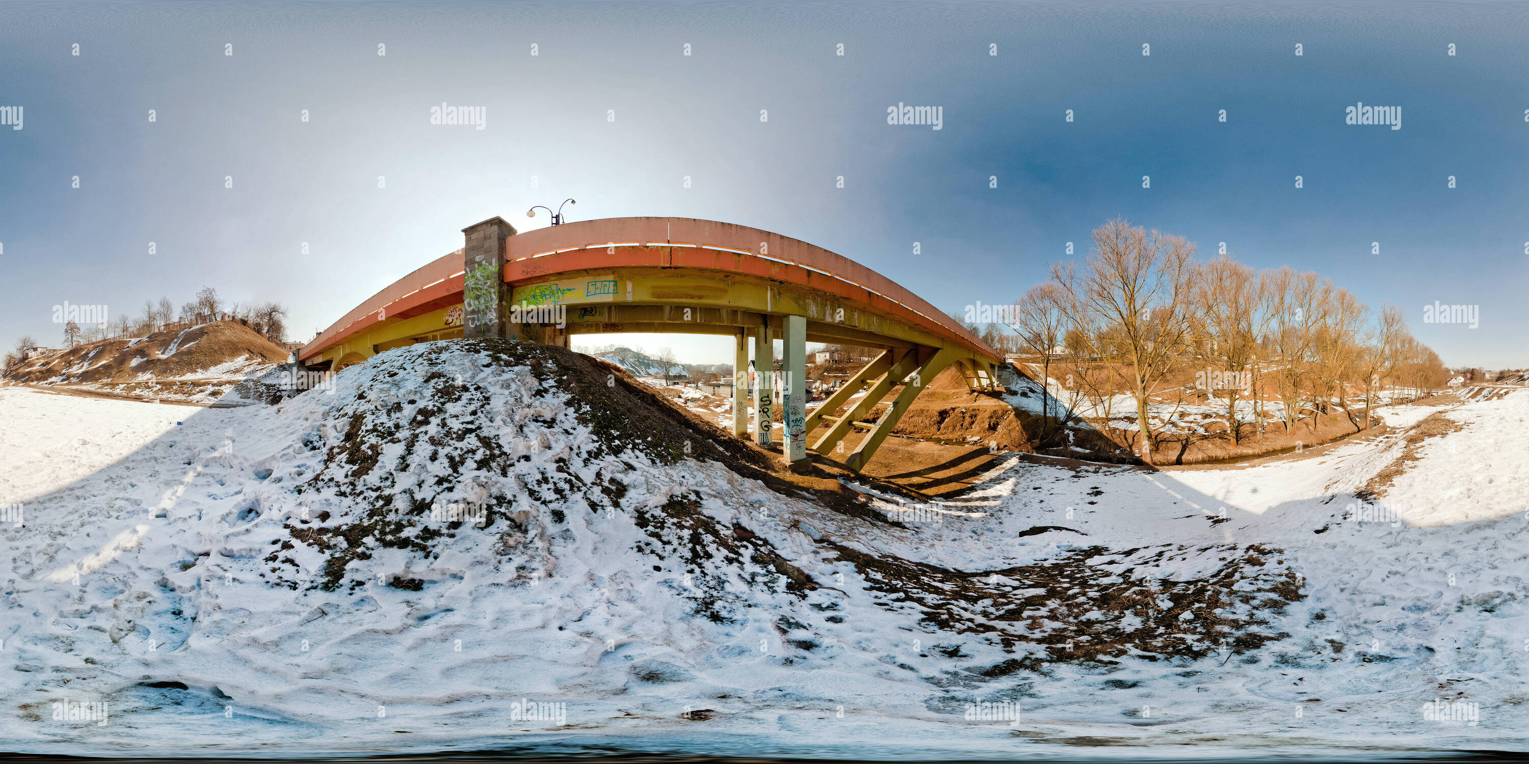 360° view of Winter panorama in the snow-covered forest near the bridge ...