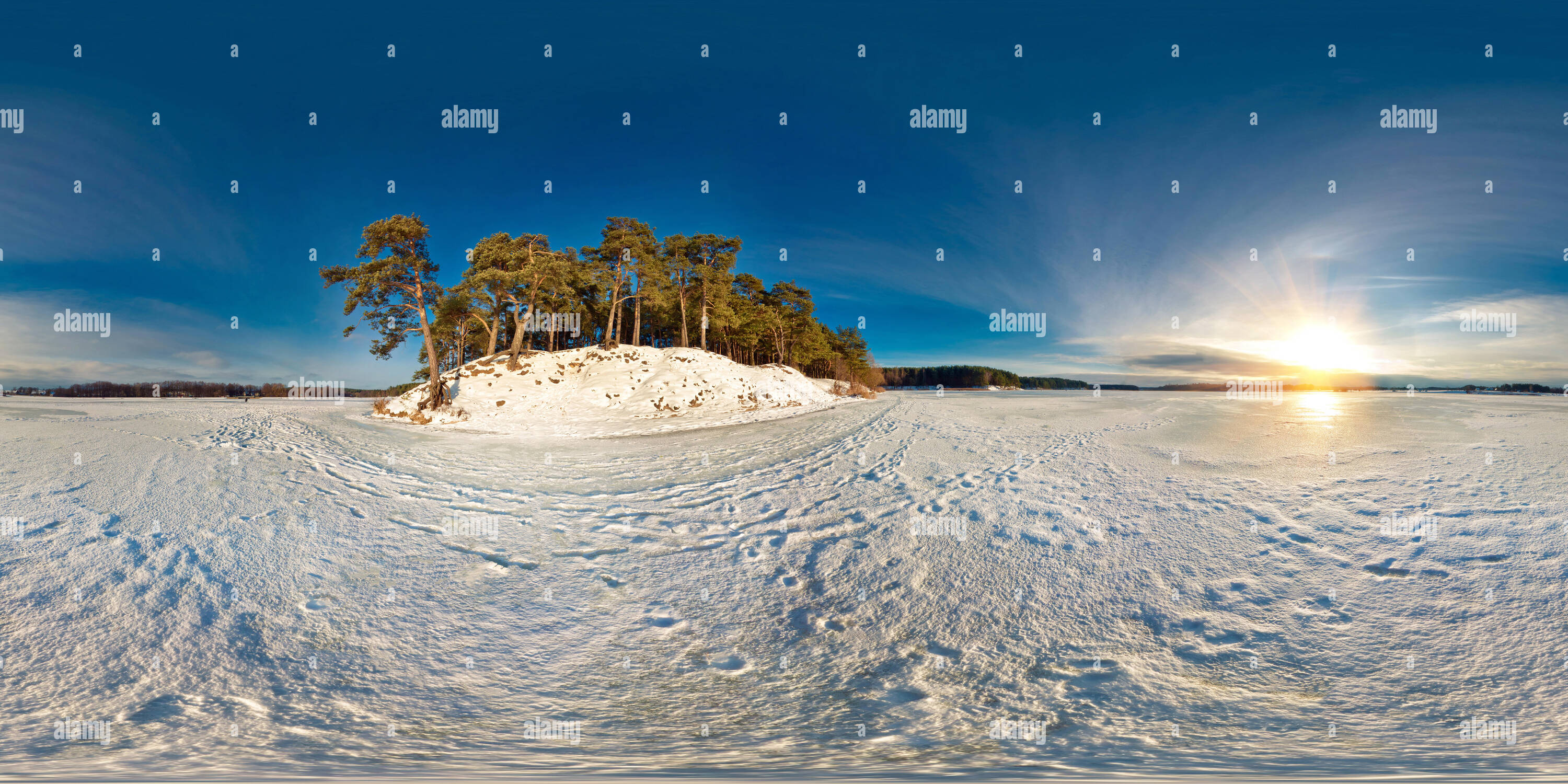 360° view of Winter panorama in the snow-covered forest near the river ...