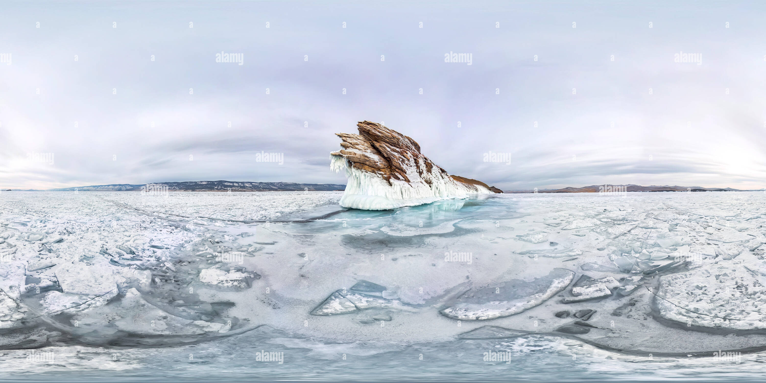360° view of ice icicles on Ogoy island winter Lake Baikal. Siberia ...