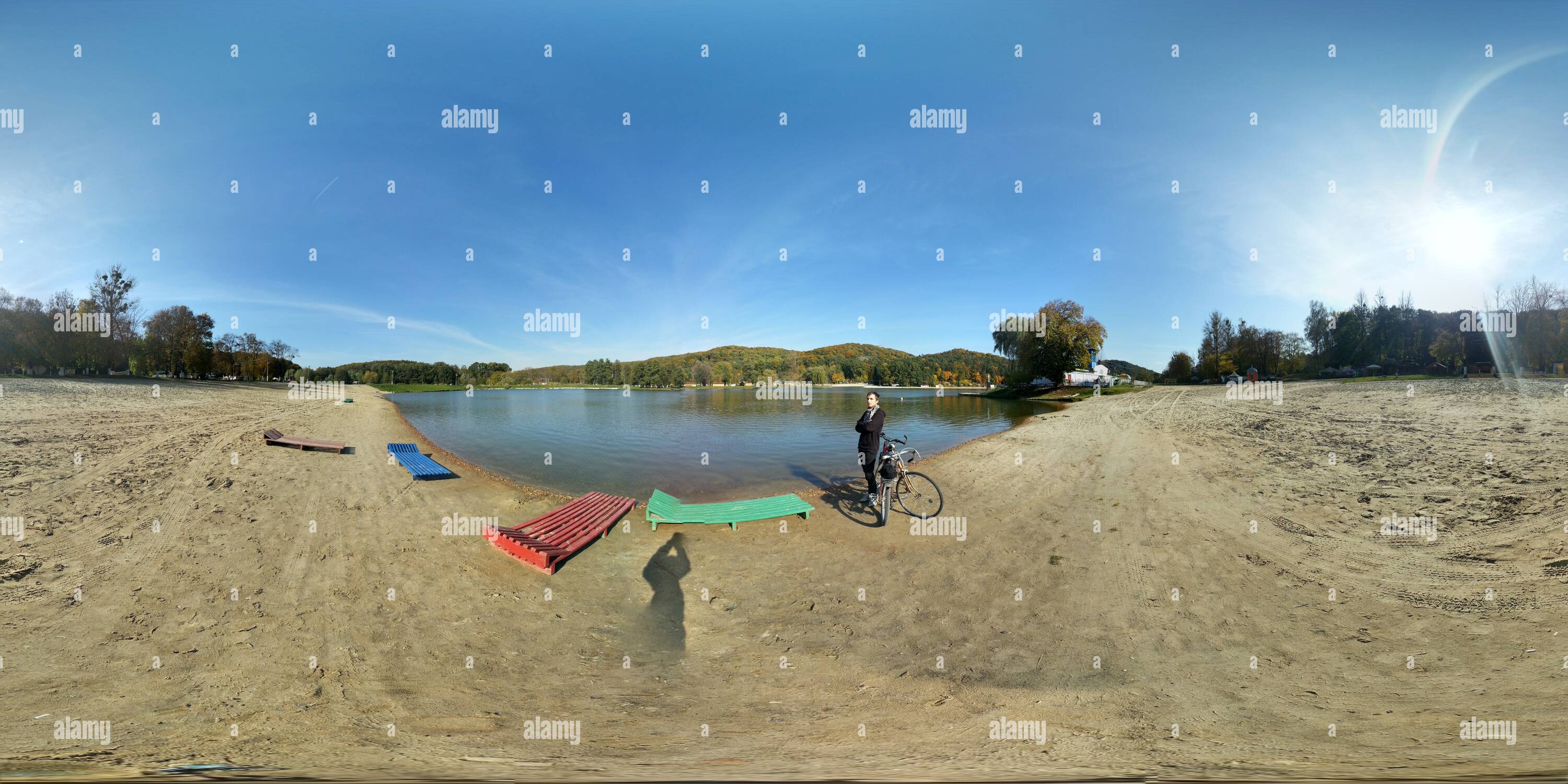 360° view of Vynnyky lake beach in autumn - Alamy