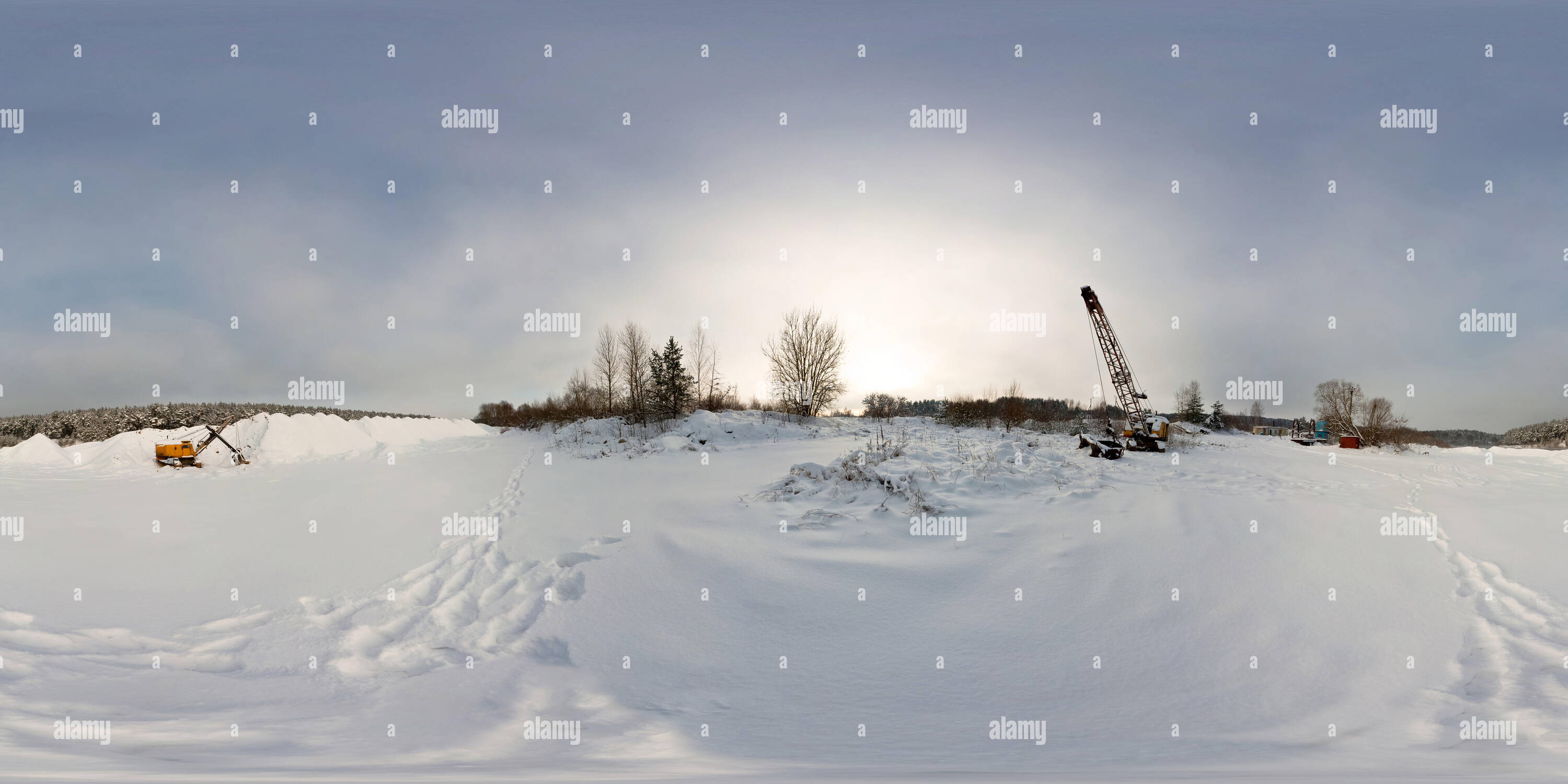 360° view of 360 panorama exterior in sandy snow covered abandoned ...