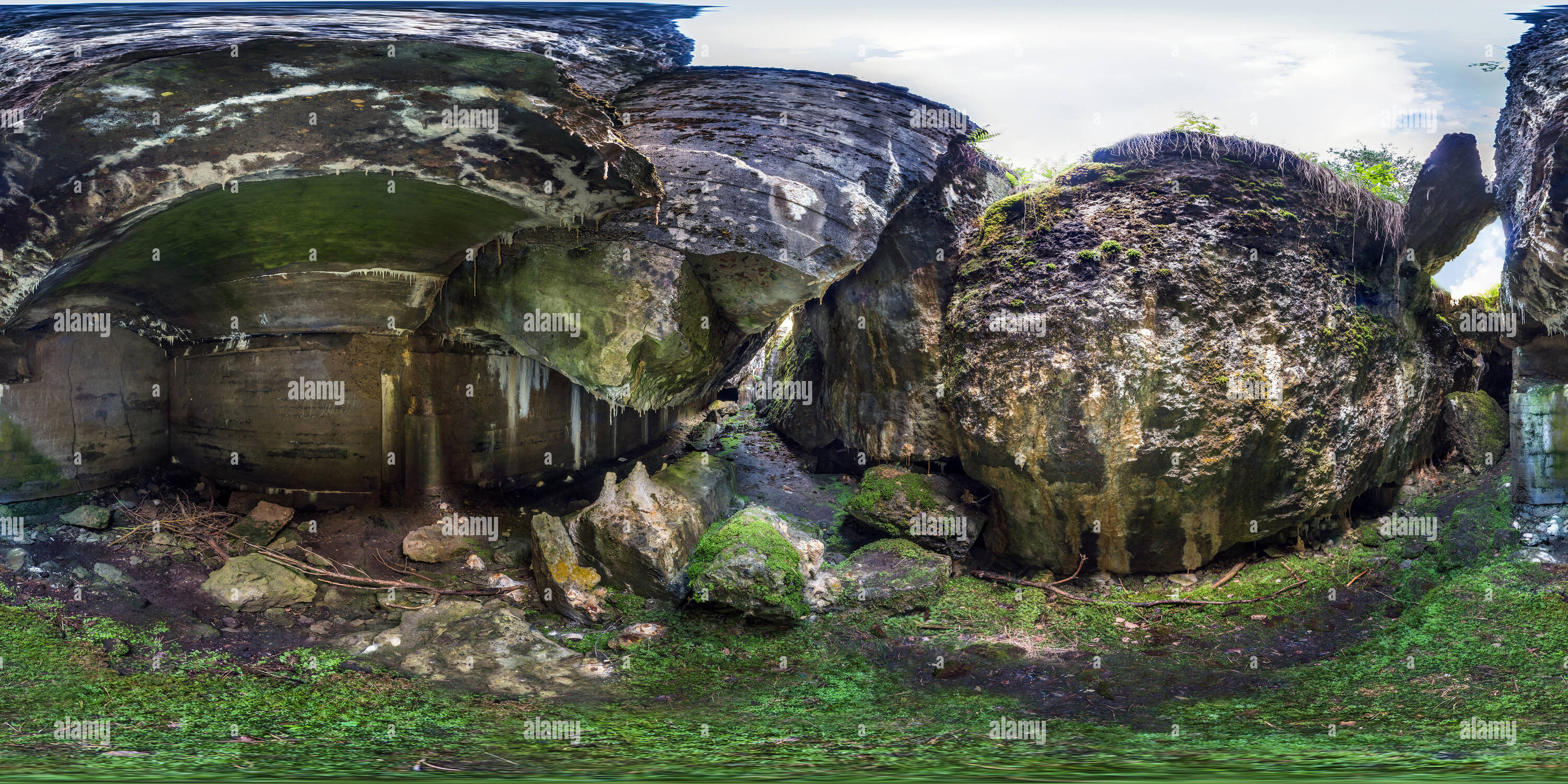 360° view of full seamless panorama 360 by 180 angle view inside ruined ...