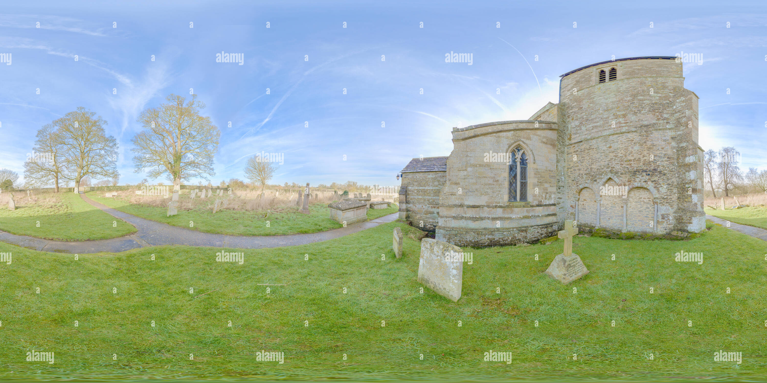 360° view of Sunlit exterior on a sunny winter day of a english ...