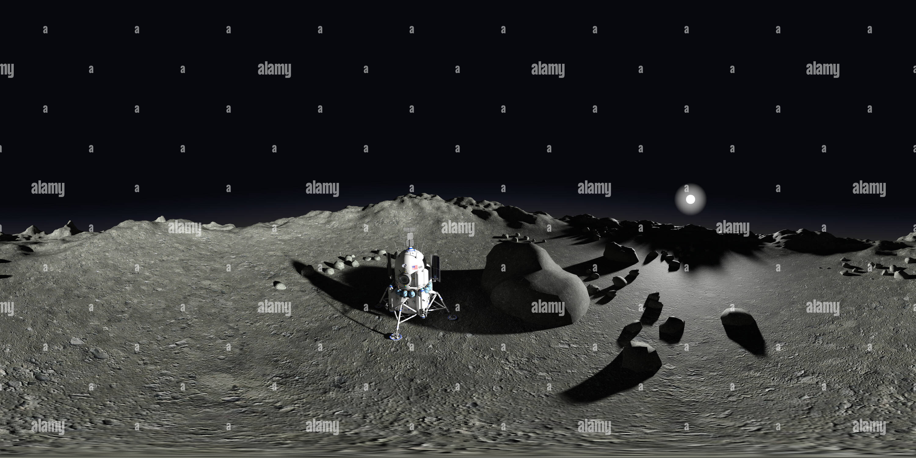 360° view of Space lender on a Moon-like planet - Alamy