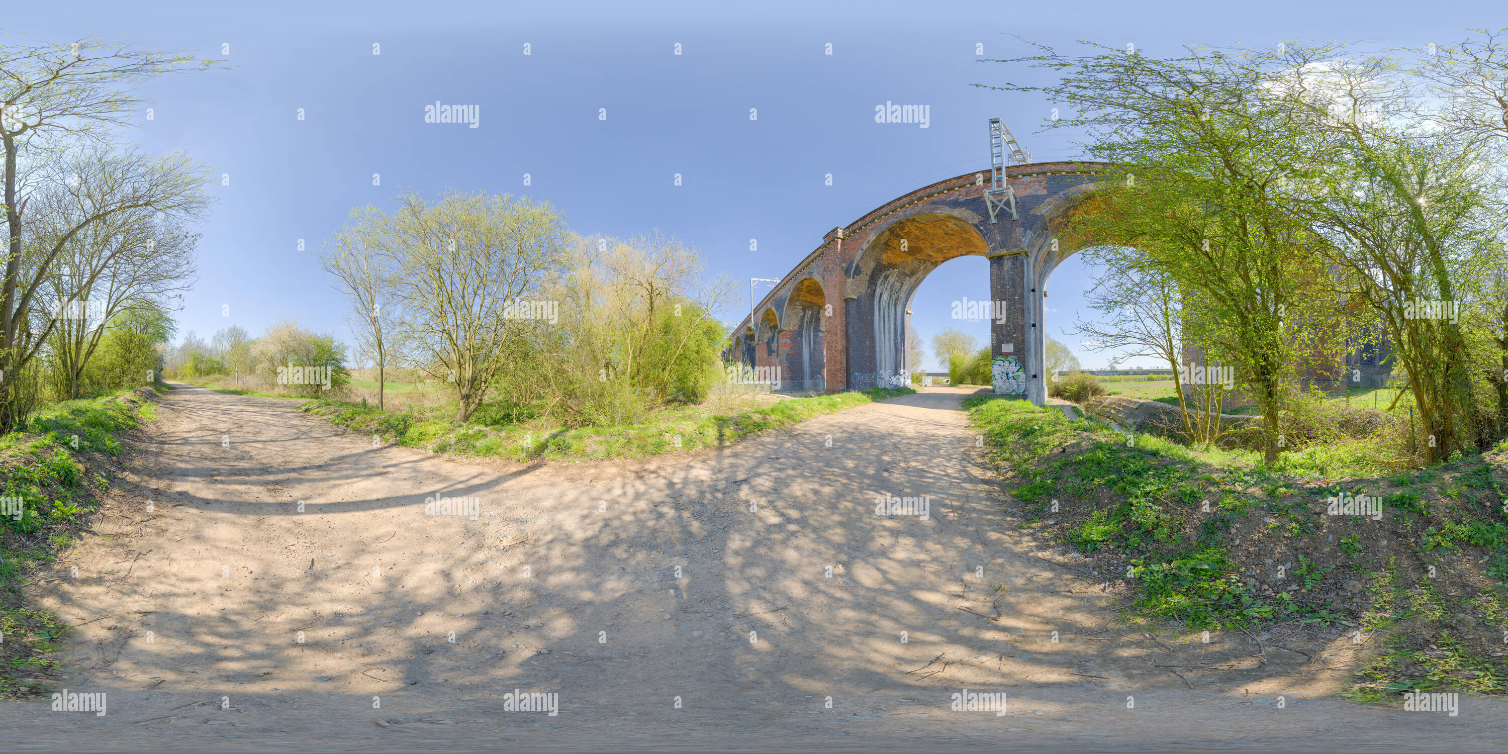 360° view of Victorian brick build railway viaduct in central England ...