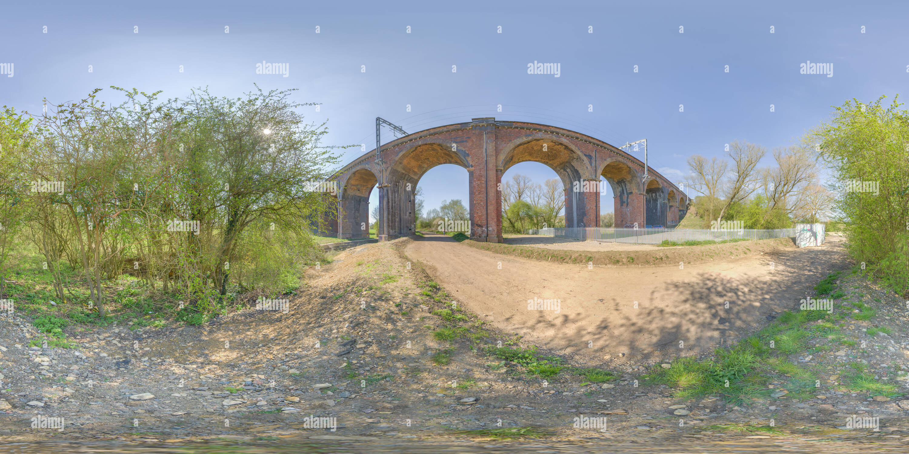 360° view of Victorian brick build railway viaduct in central England ...