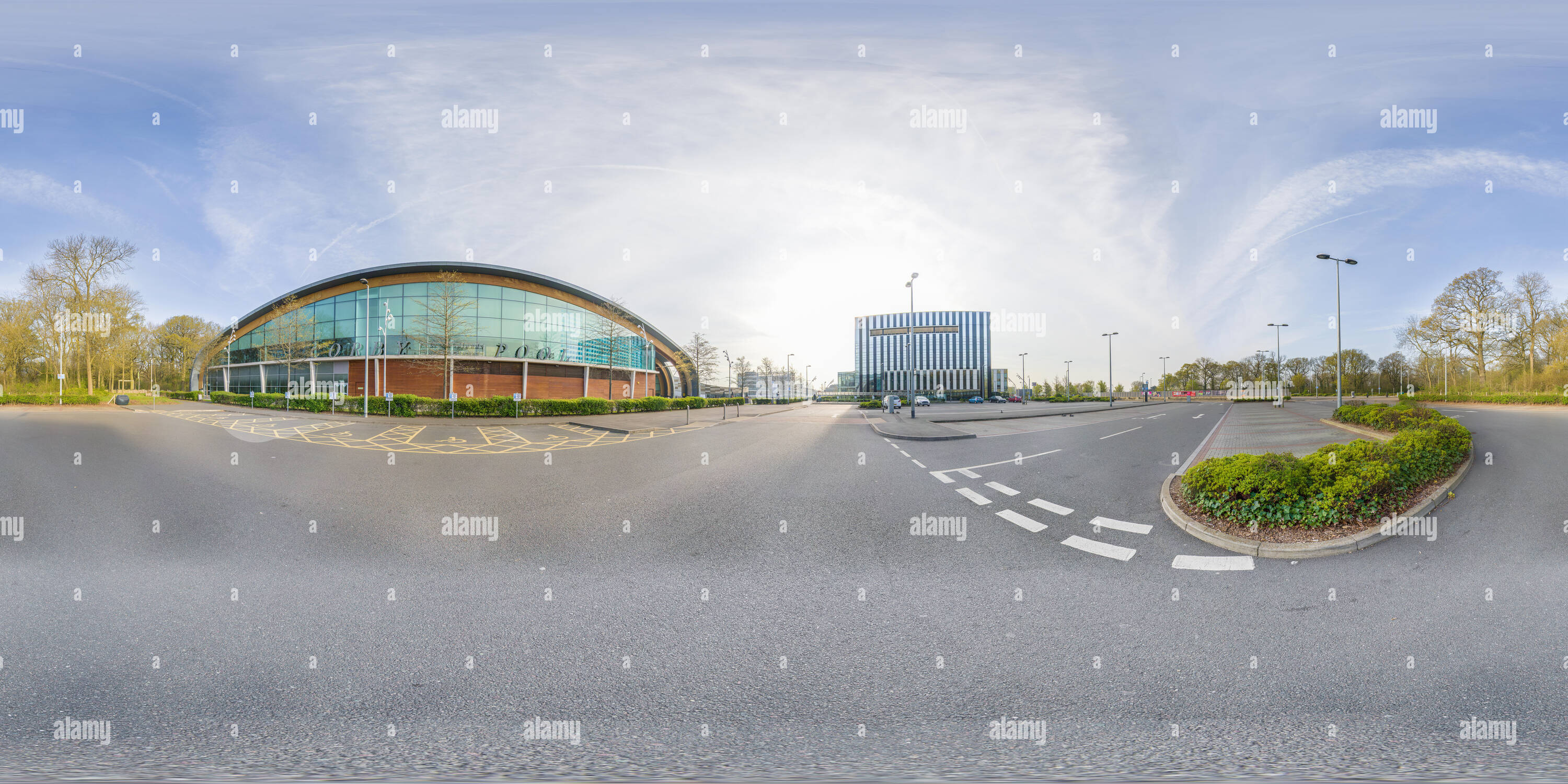 360° view of The modern, glass and steel, olympic size swimming pool at ...