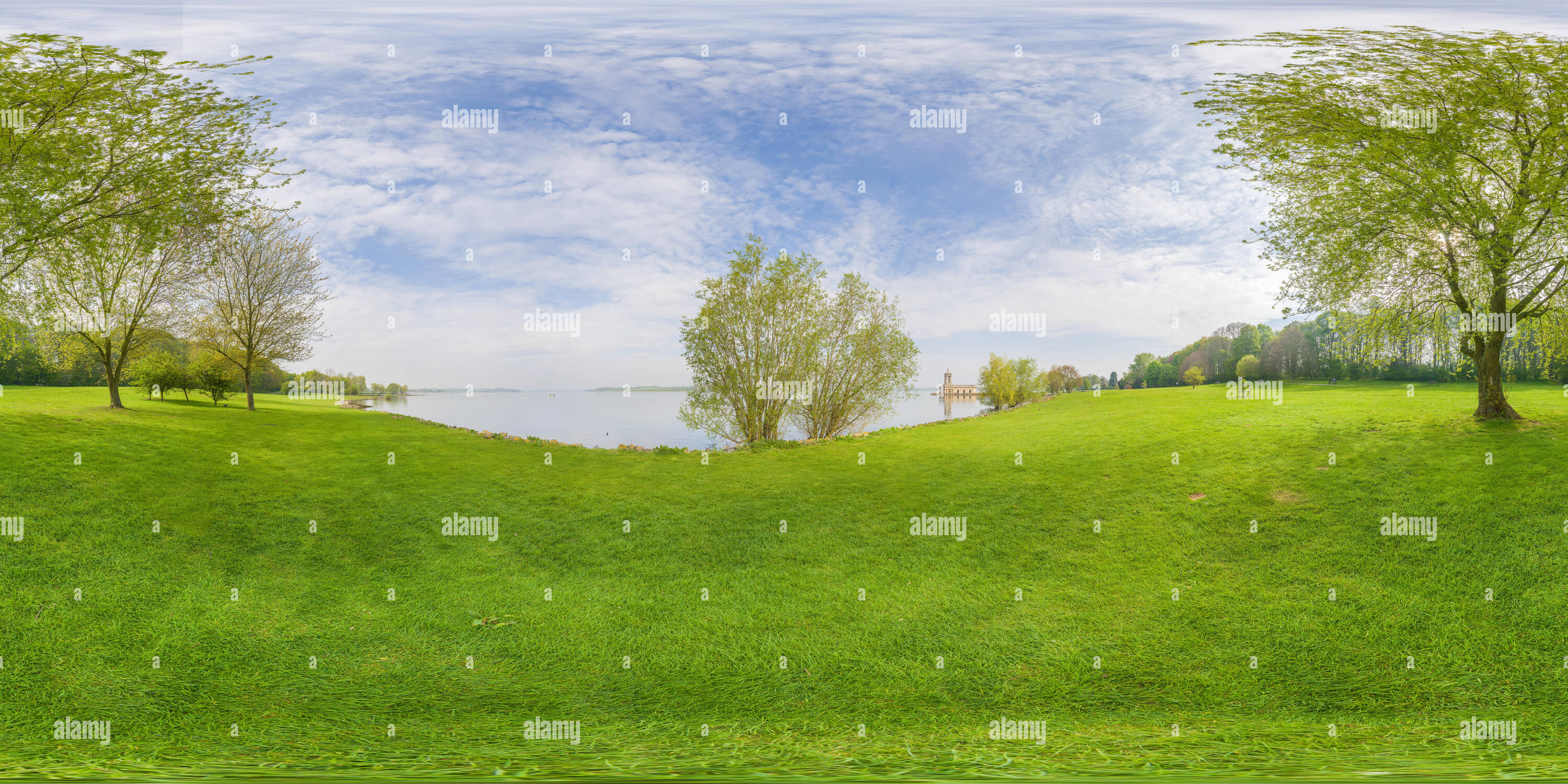 360° view of Submerged church in the reservoir of Rutland Water lake ...