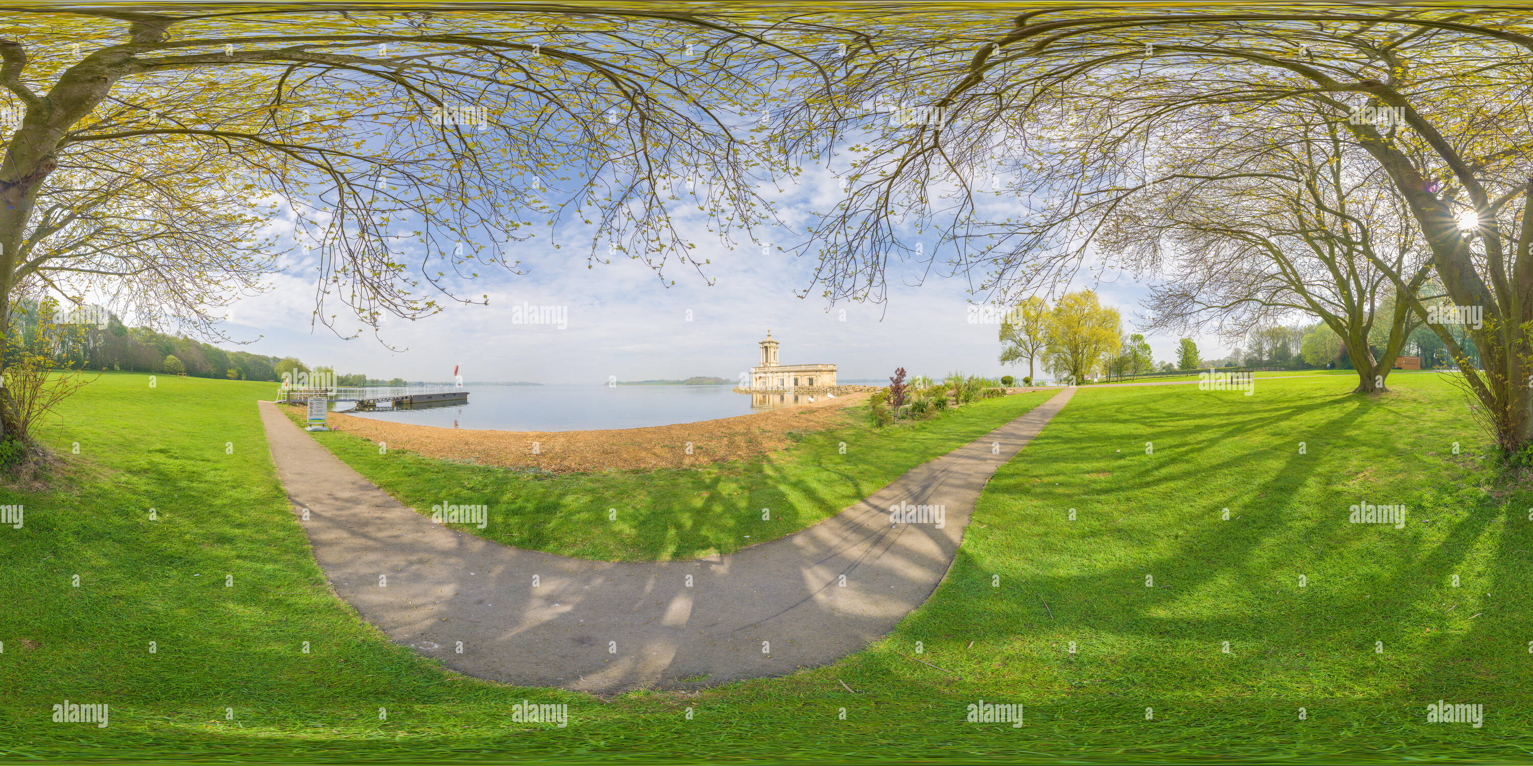 360° view of Submerged church in the reservoir of Rutland Water lake ...