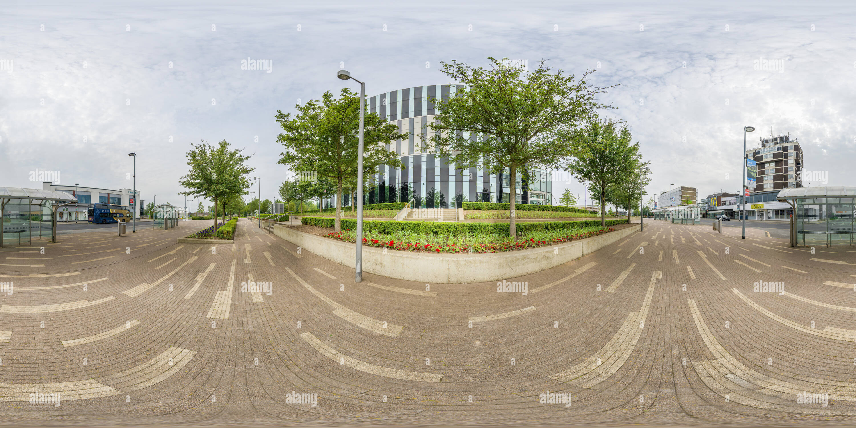360° view of Corby town centre, George street, featuring the Cube ...