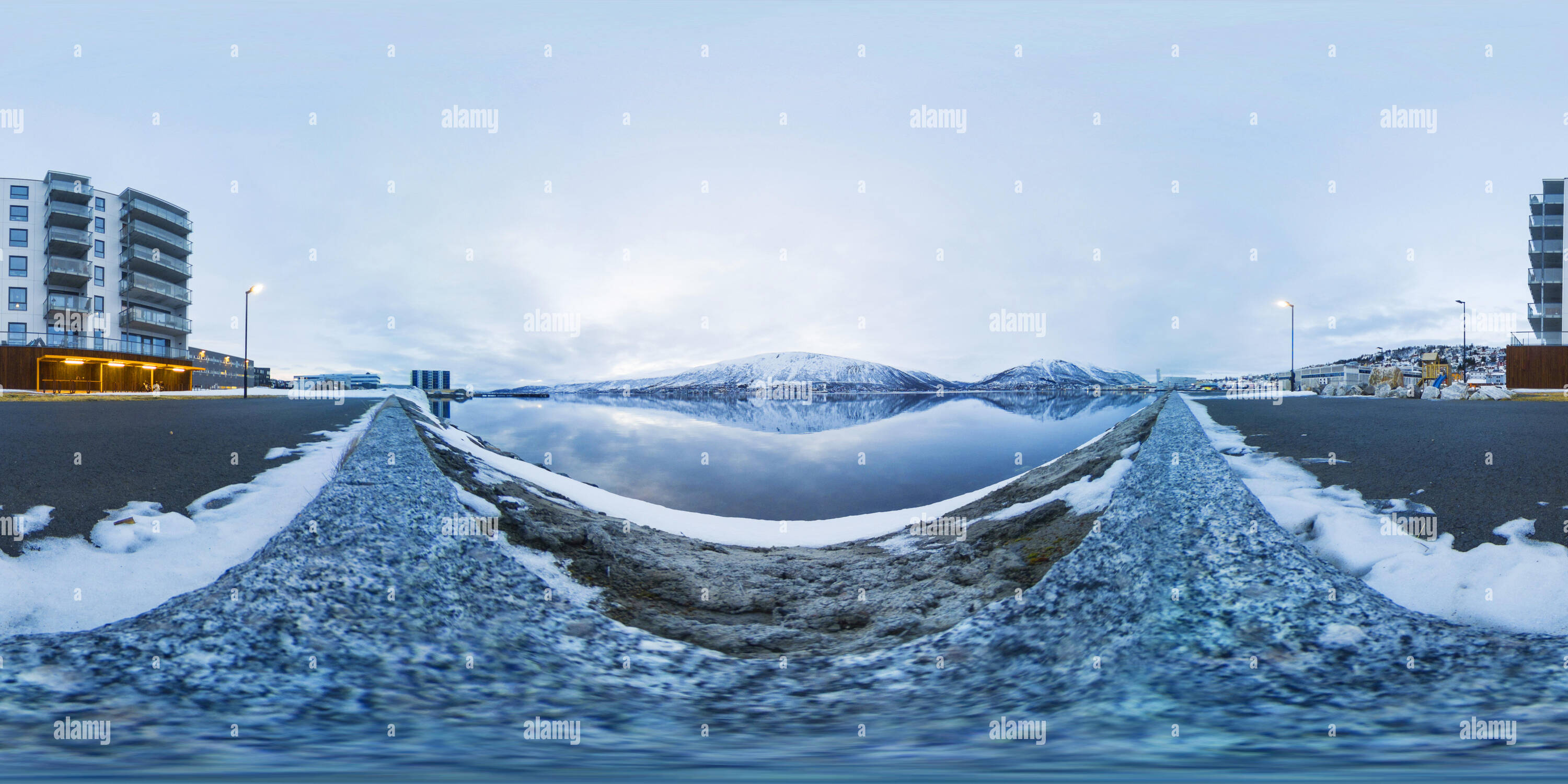 360° view of Tromso, Norway. Night view of famous north town Tromso ...