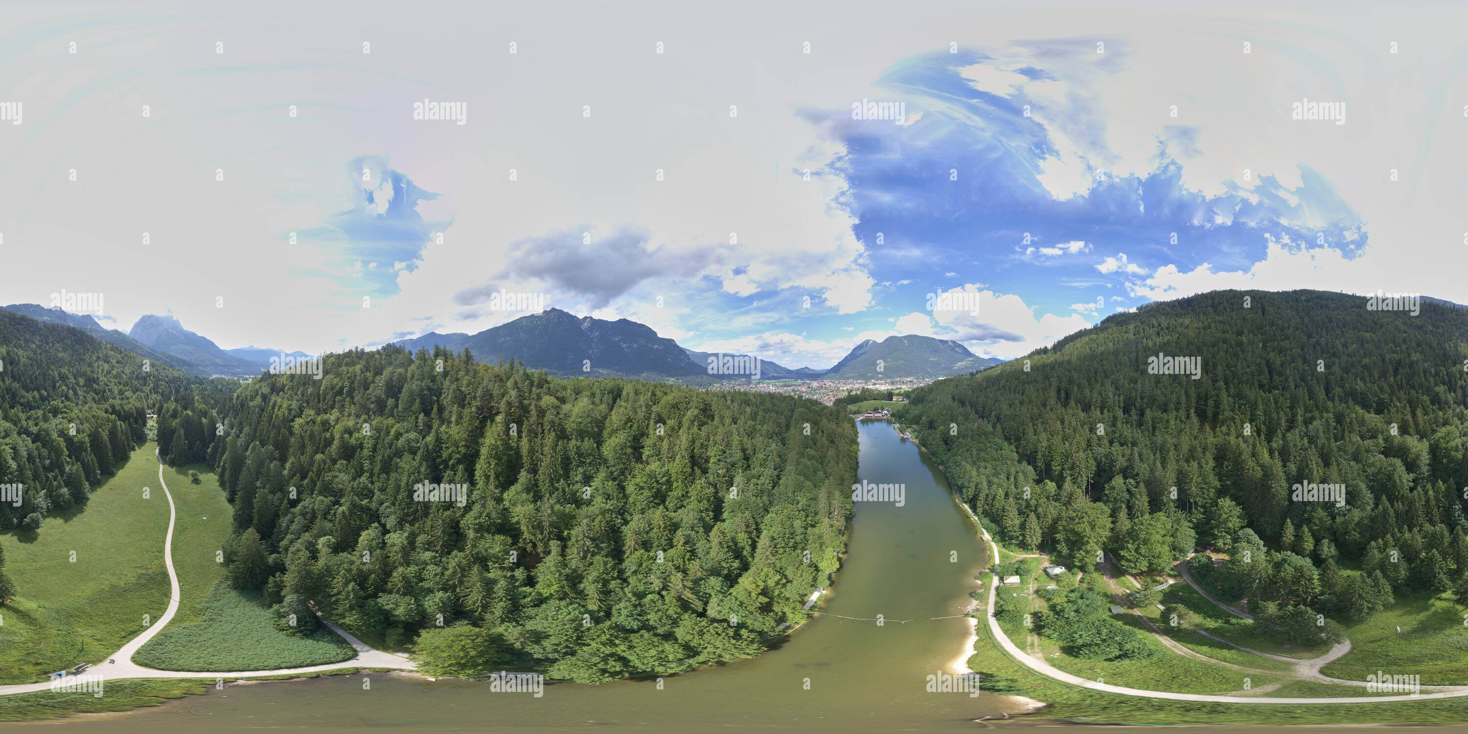 360° view of Long stretched narrow lake in Bavaria between woods and ...