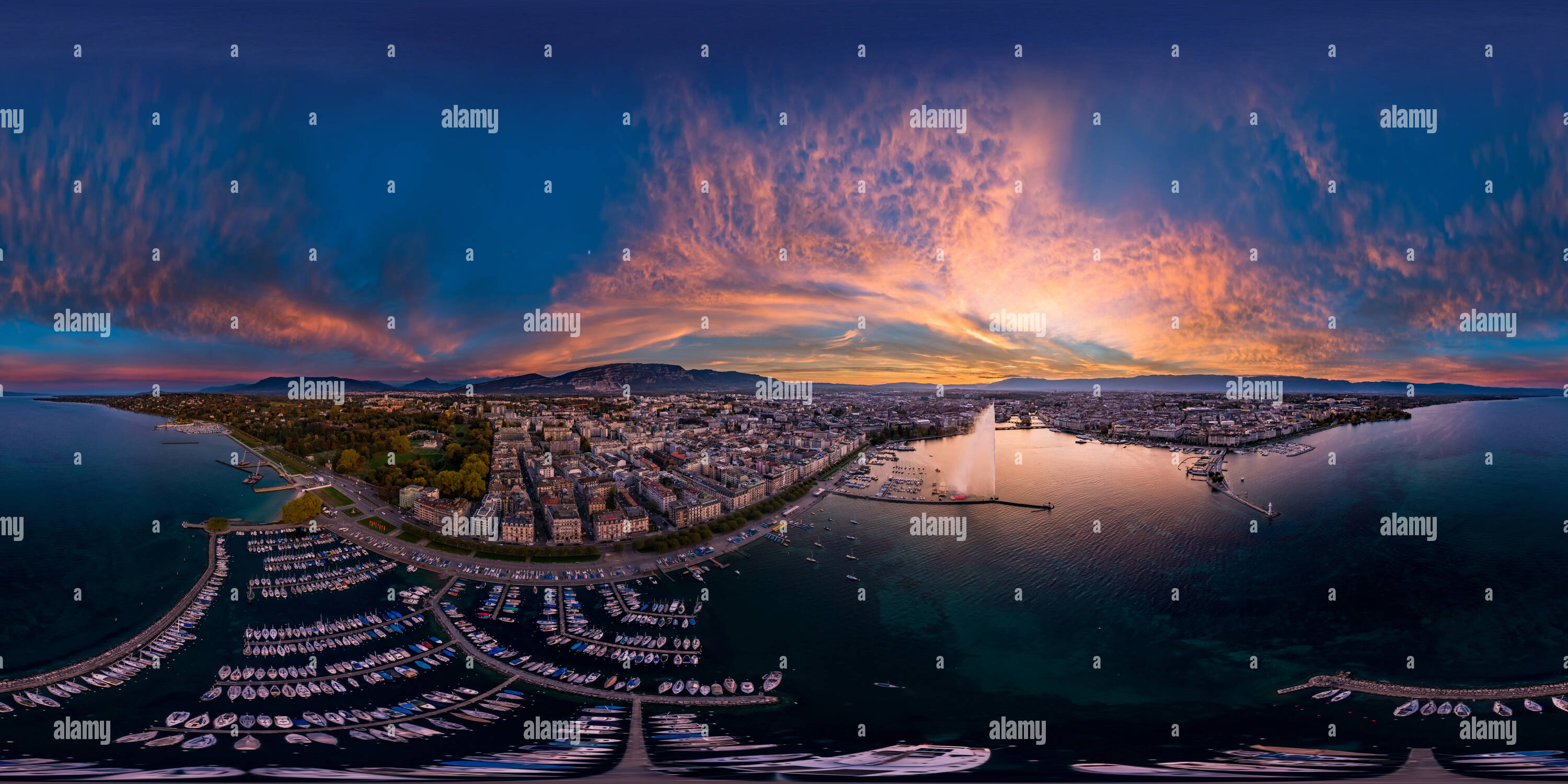 360 °-Ansicht auf Luftaufnahme der Genfer Wasserfontäne (Jet d'Eau) im ...