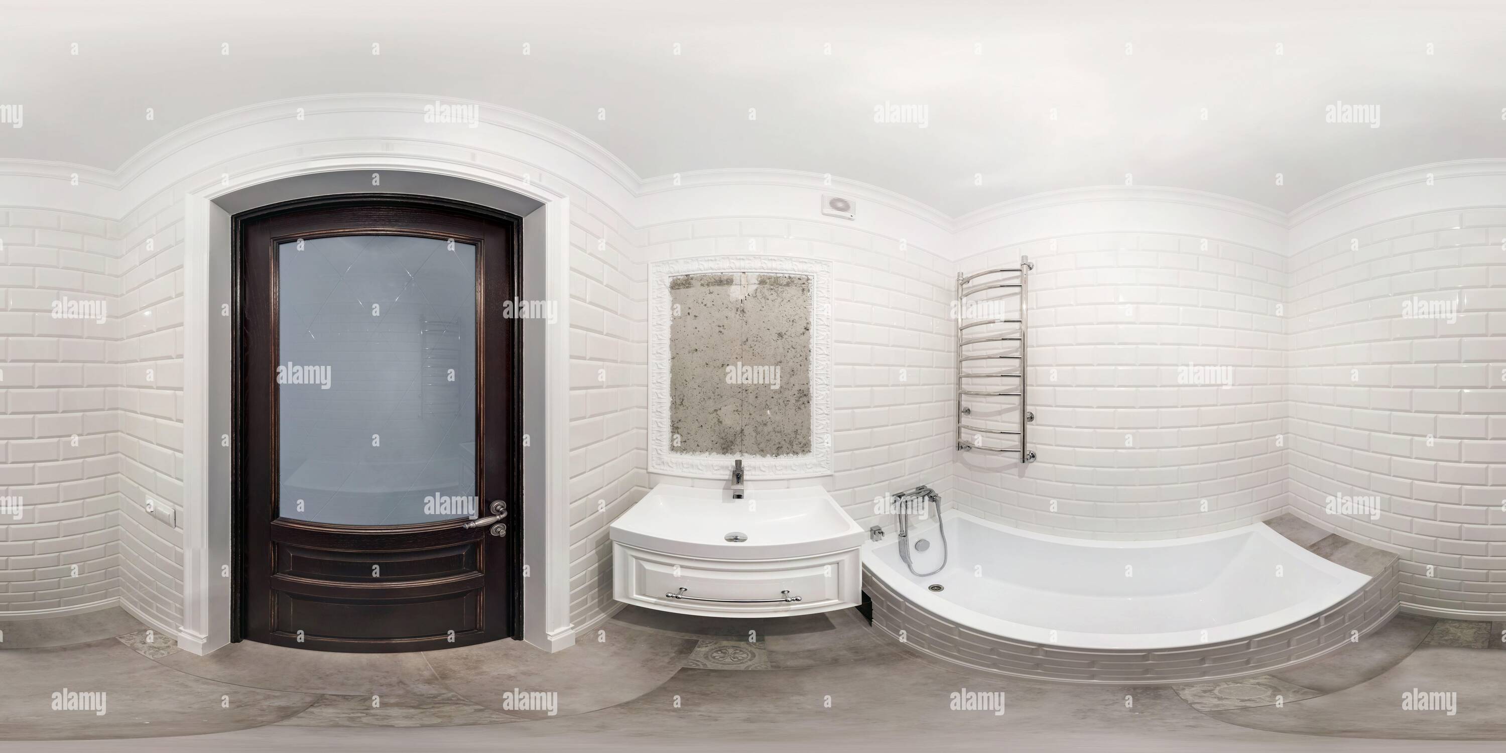 Vista a 360 gradi di bagno bianco vuoto senza mobili. full sferico hdri ...